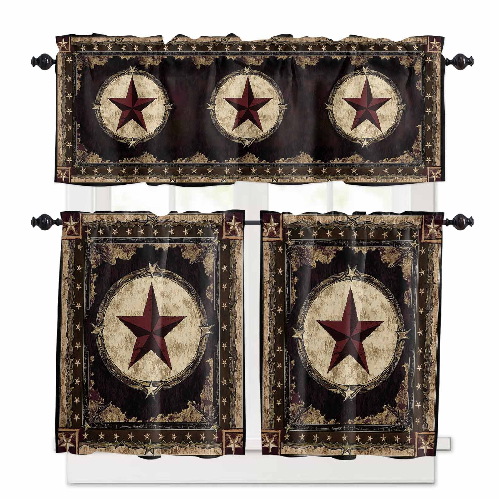 Texas Star Window Curtains Valance Set of 3 Western Retro Red Star ...