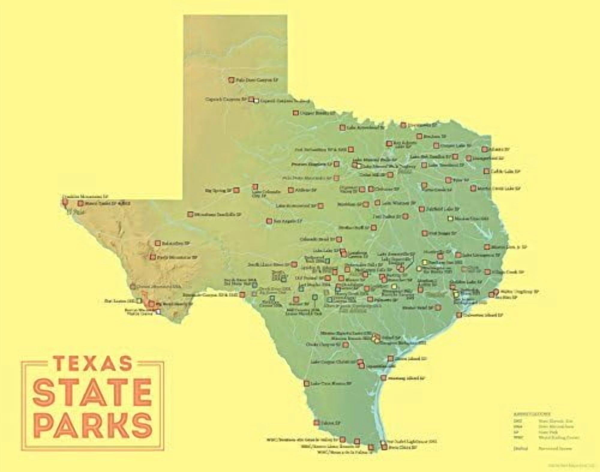 Texas State Parks Checklist Map 11x14 Print (Green & Yellow) - Walmart.com