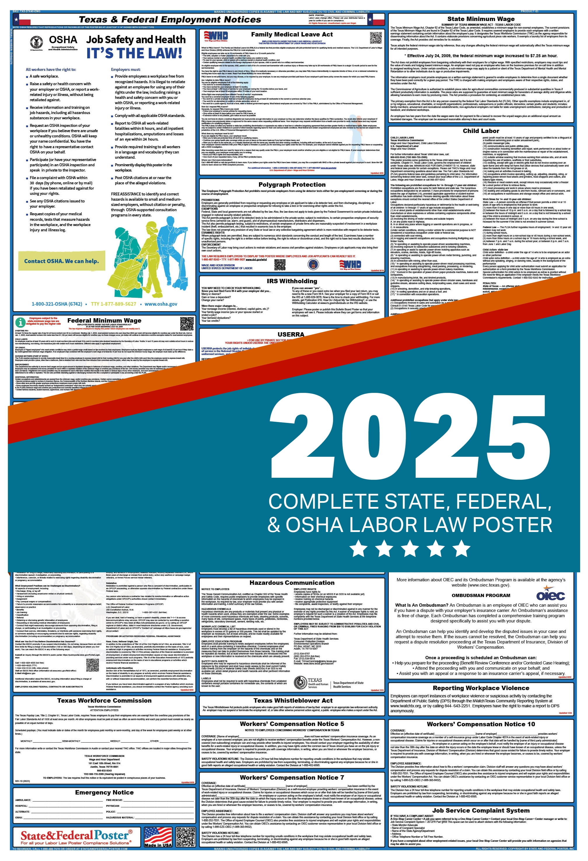 Texas State and Federal Labor Law Poster 2025 , All In One | English ...