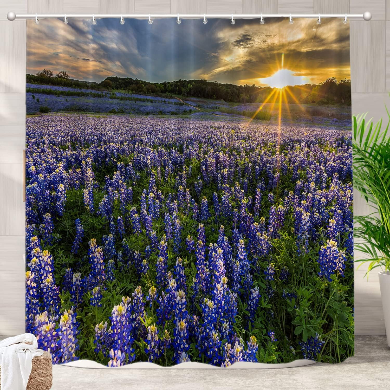 Texas Sunset Landscape Decorative Shower Curtain, Wildflowers ...