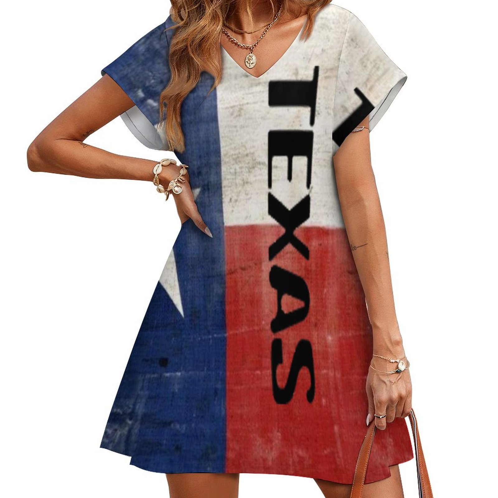 Texas Symbol Ladies Summer Short Sleeve Fashion Dress V Neck Loose ...