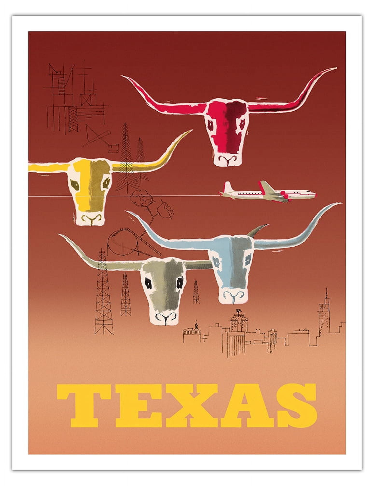 Texas - Texan Longhorns - Vintage Airline Travel Poster by Joseph ...