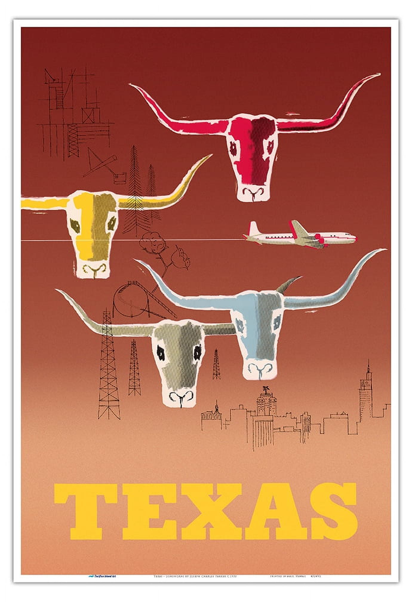 Texas - Texan Longhorns - Vintage Airline Travel Poster by Joseph ...