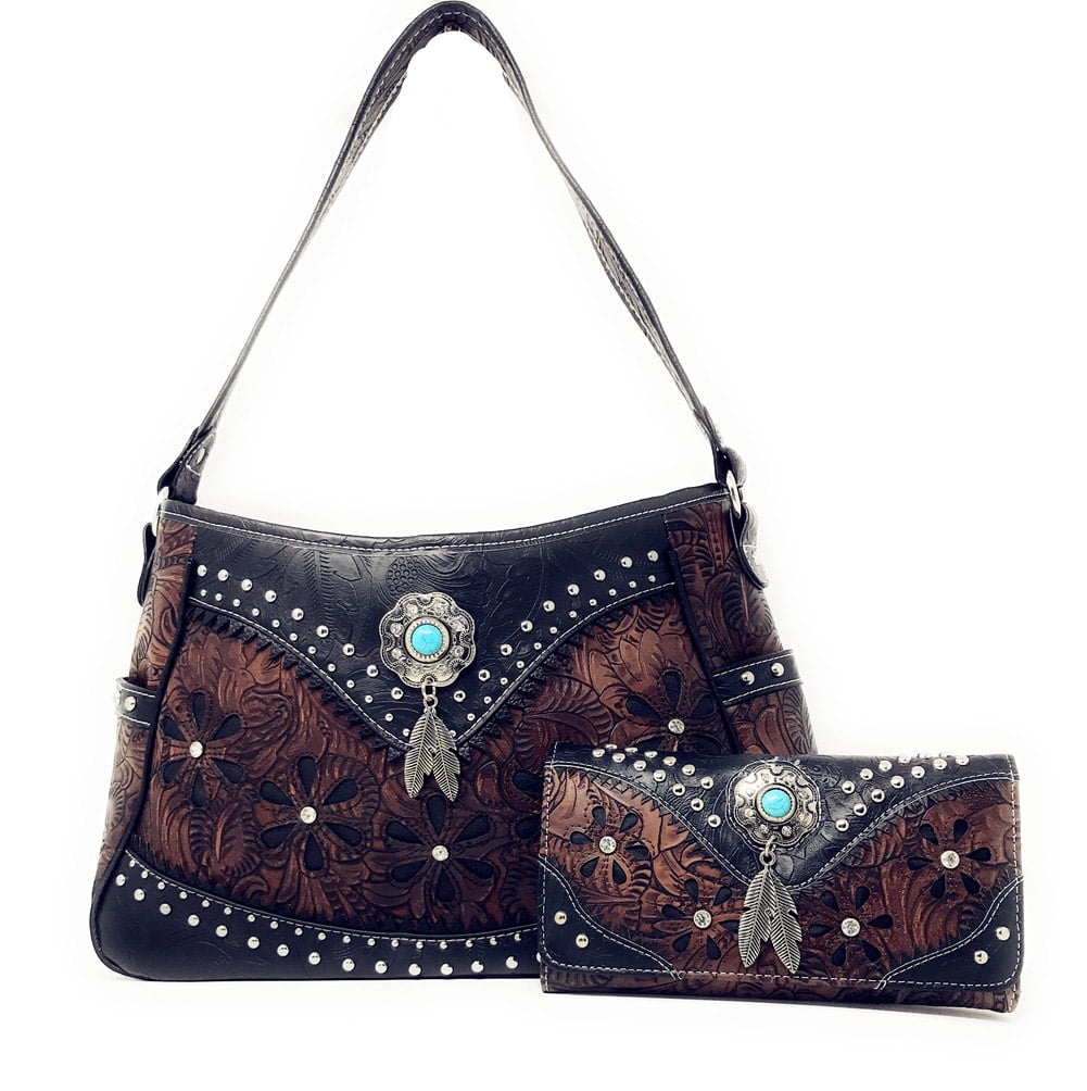 Texas West Women's Vegan Leather Feather Handbag Set, Black, 2-Piece ...