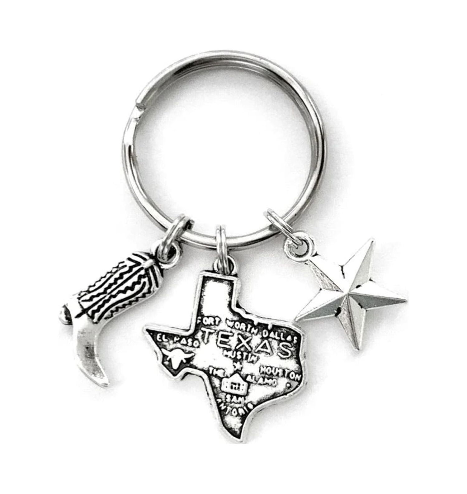 Texas themed keychain. Includes State of Texas, Lone Star, and Cowboy ...