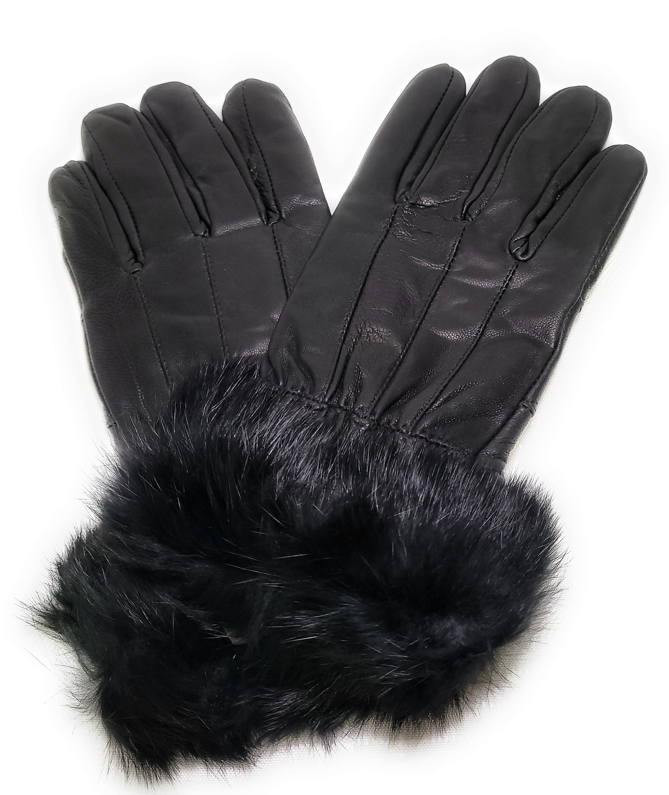 Texcyngoods Adult Womens Black Leather Gloves with Faux Fur Trim ...