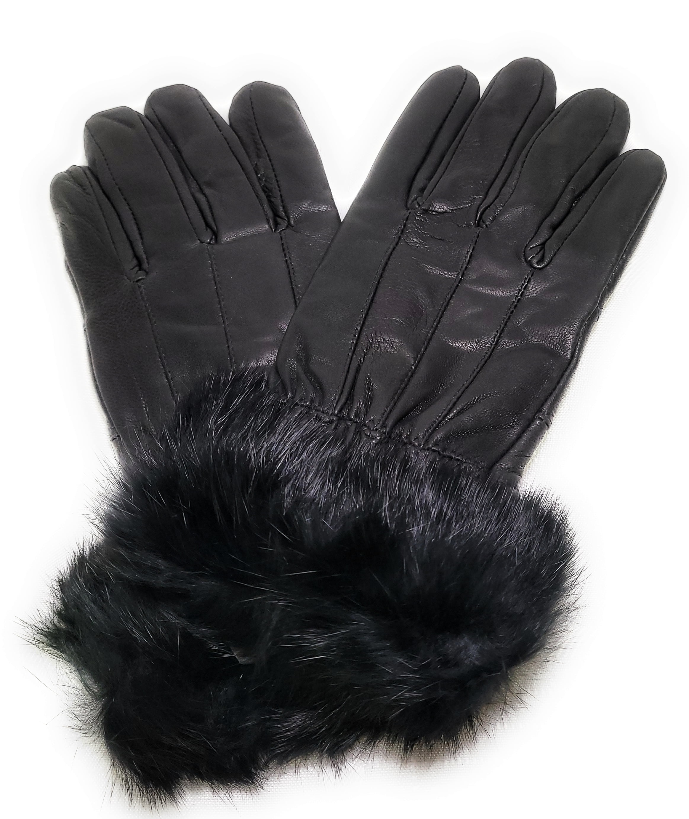 Texcyngoods Adult Womens Black Leather Gloves with Faux Fur Trim, X ...