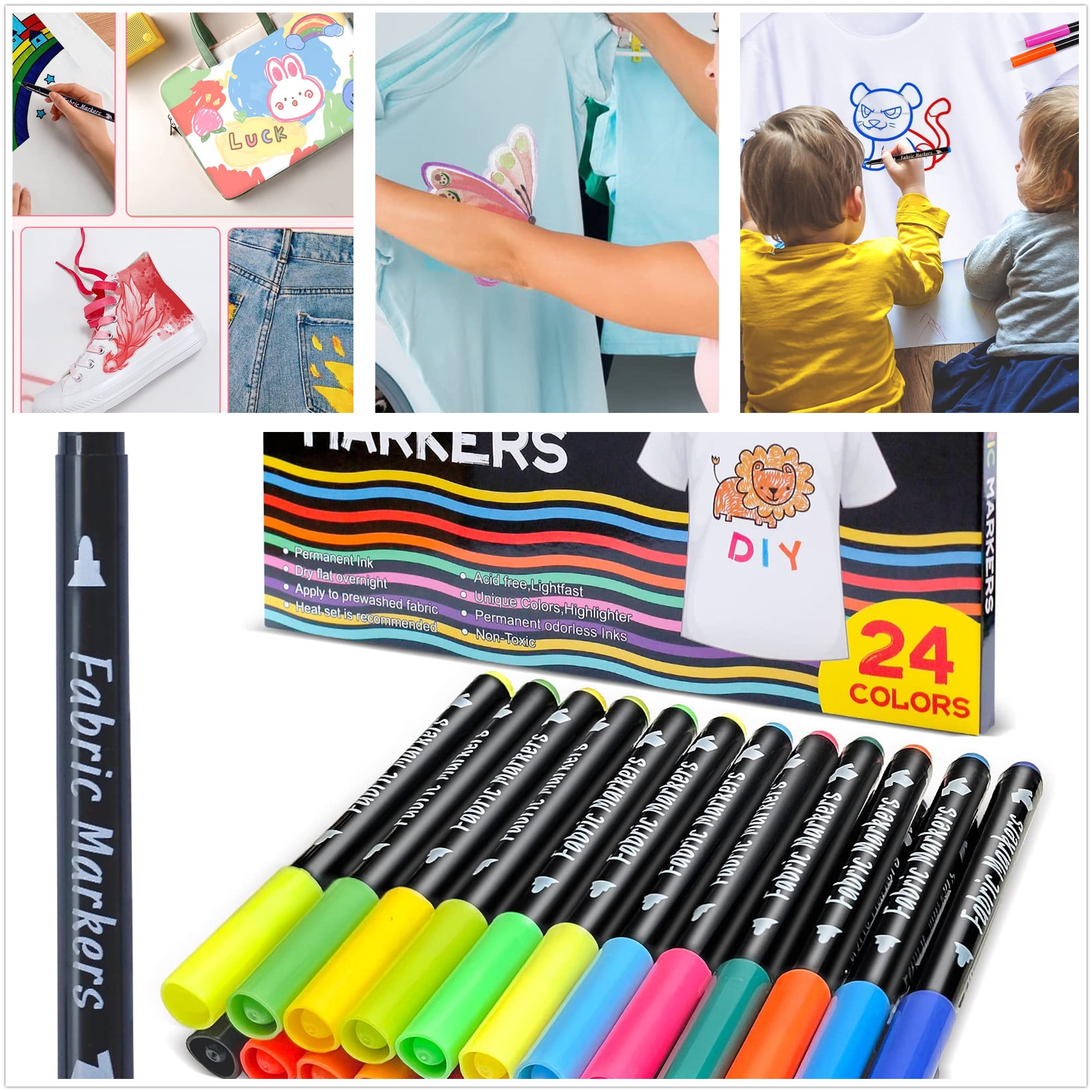 Textile Markers Machine Washable 24 Colours Suitable for T-Shirts ...