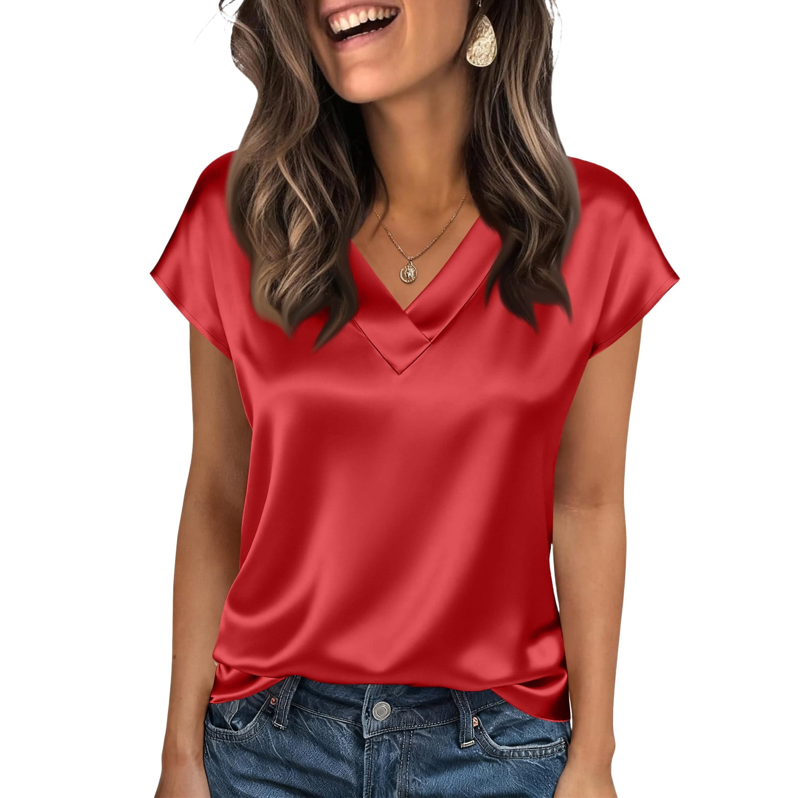 Textilo Silk Satin Tops for Women Cap Short Sleeve V Neck Tops Solid ...