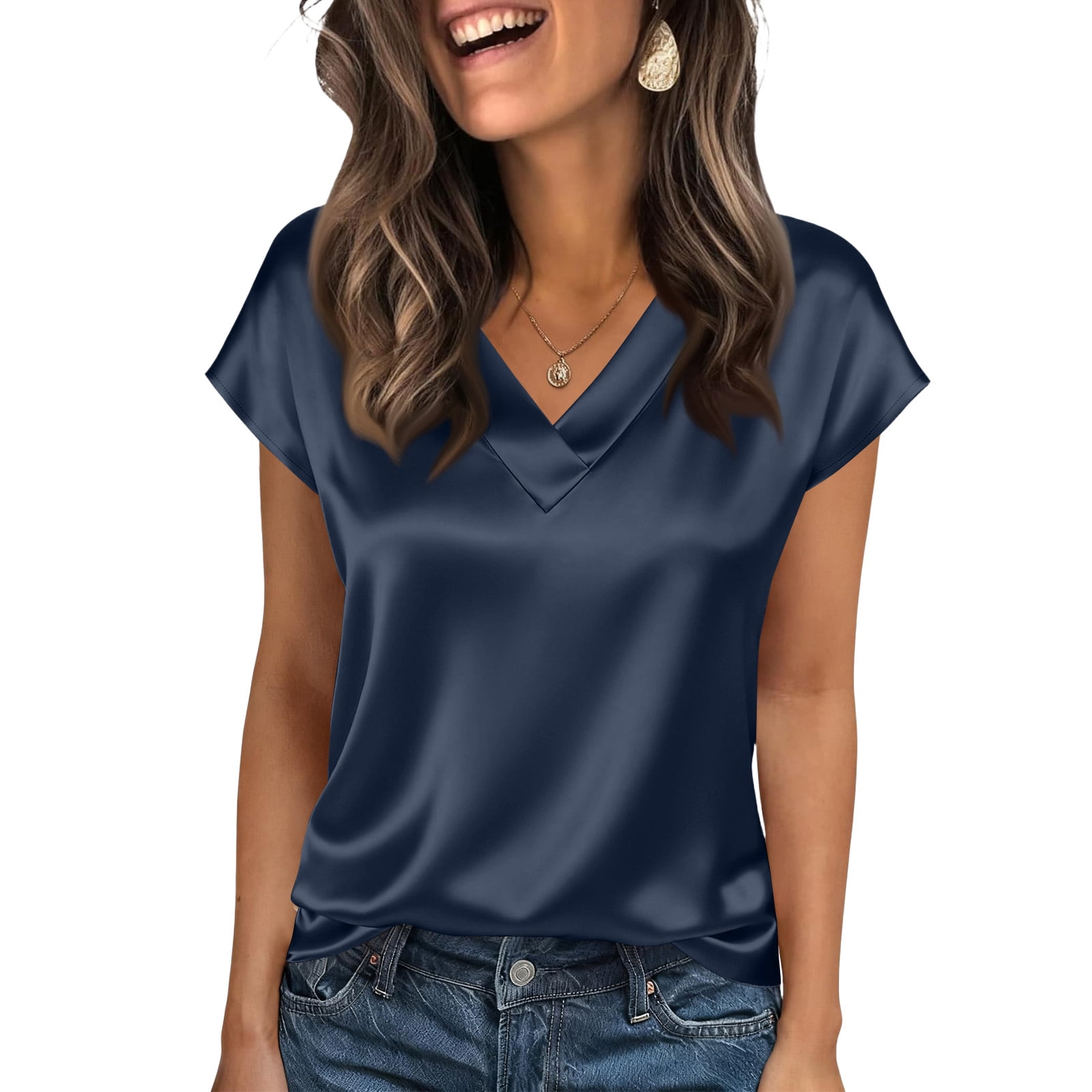 Textilo Women Silk Satin Tops Cap Short Sleeve V Neck Blouses Solid ...