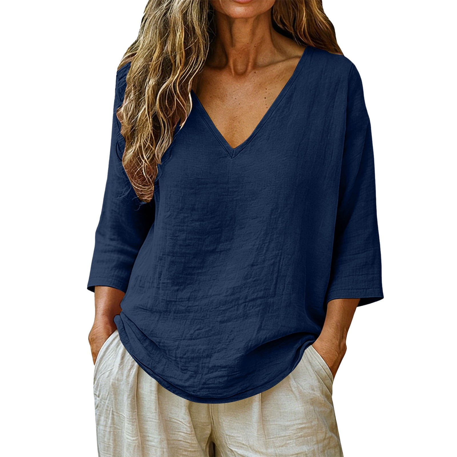 Textilo Women's Cotton Linen Shirts 3/4 Sleeve V Neck Gauze Shirts ...