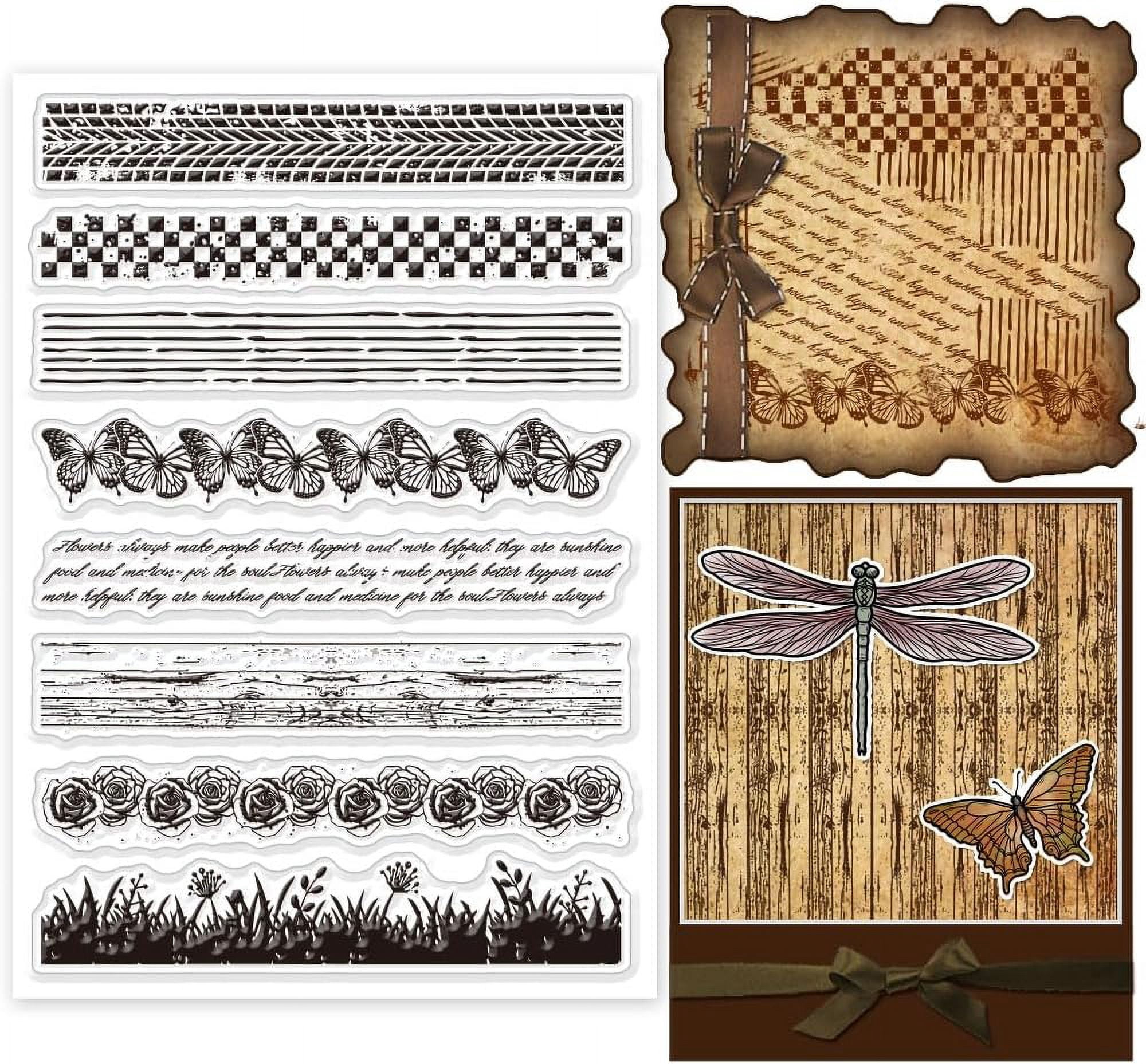 Texture Border Clear Stamps with Different Types Lines Flower Butterfly ...