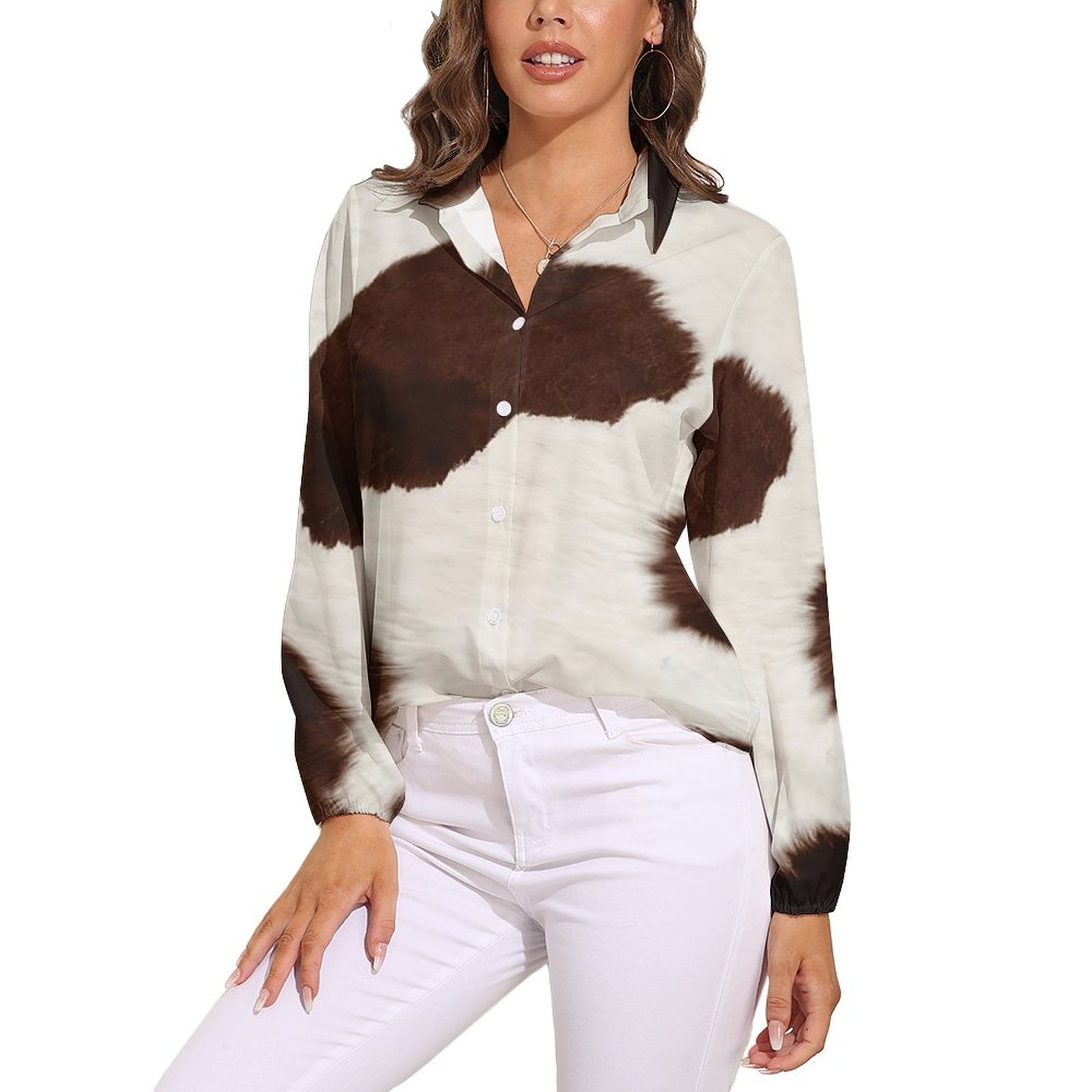 Texture of Brown Cowhide with Brown Spots Long Sleeve Blouse Woman ...