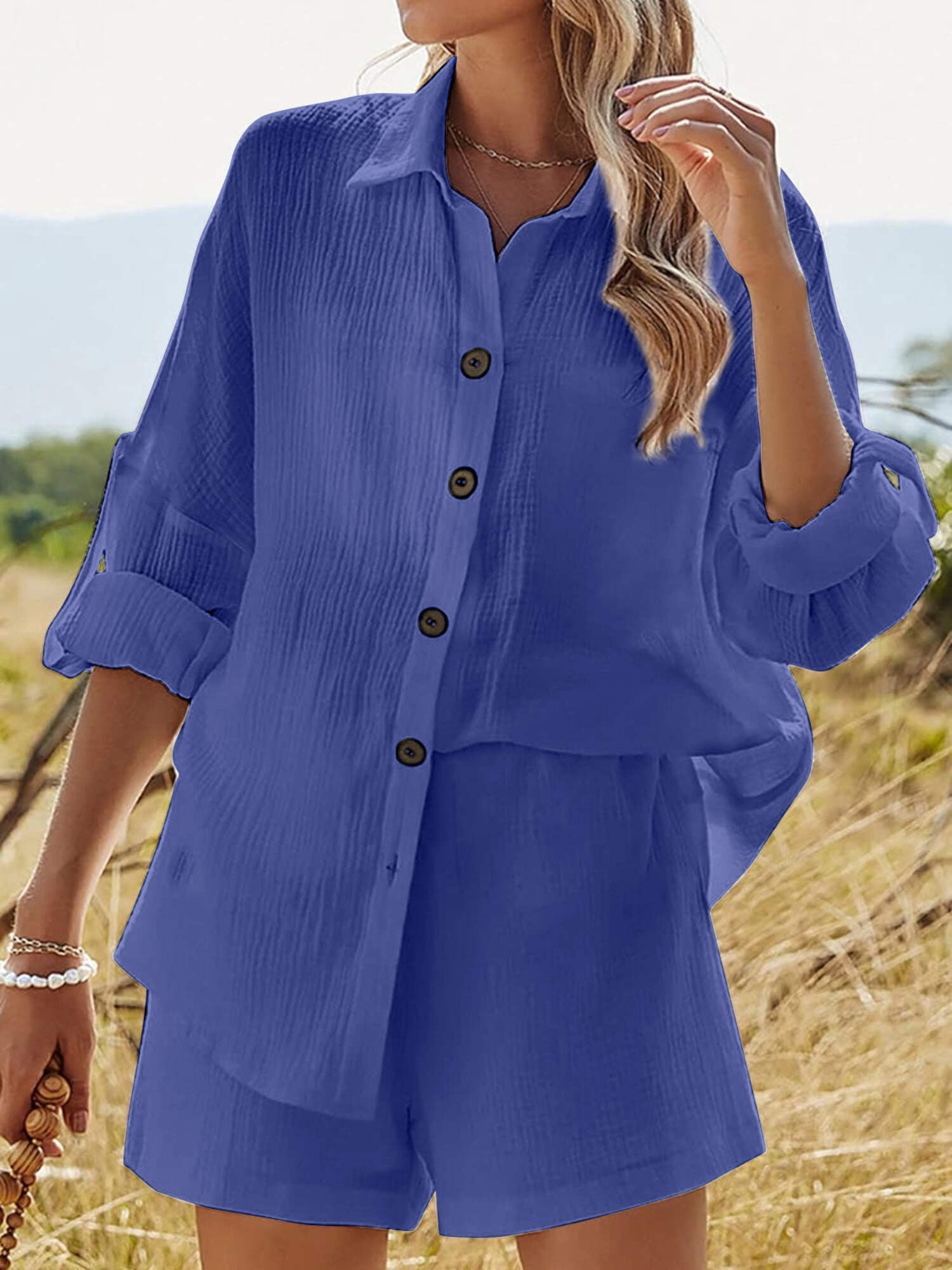 Texture Button Up Shirt and Shorts Set - Walmart.com