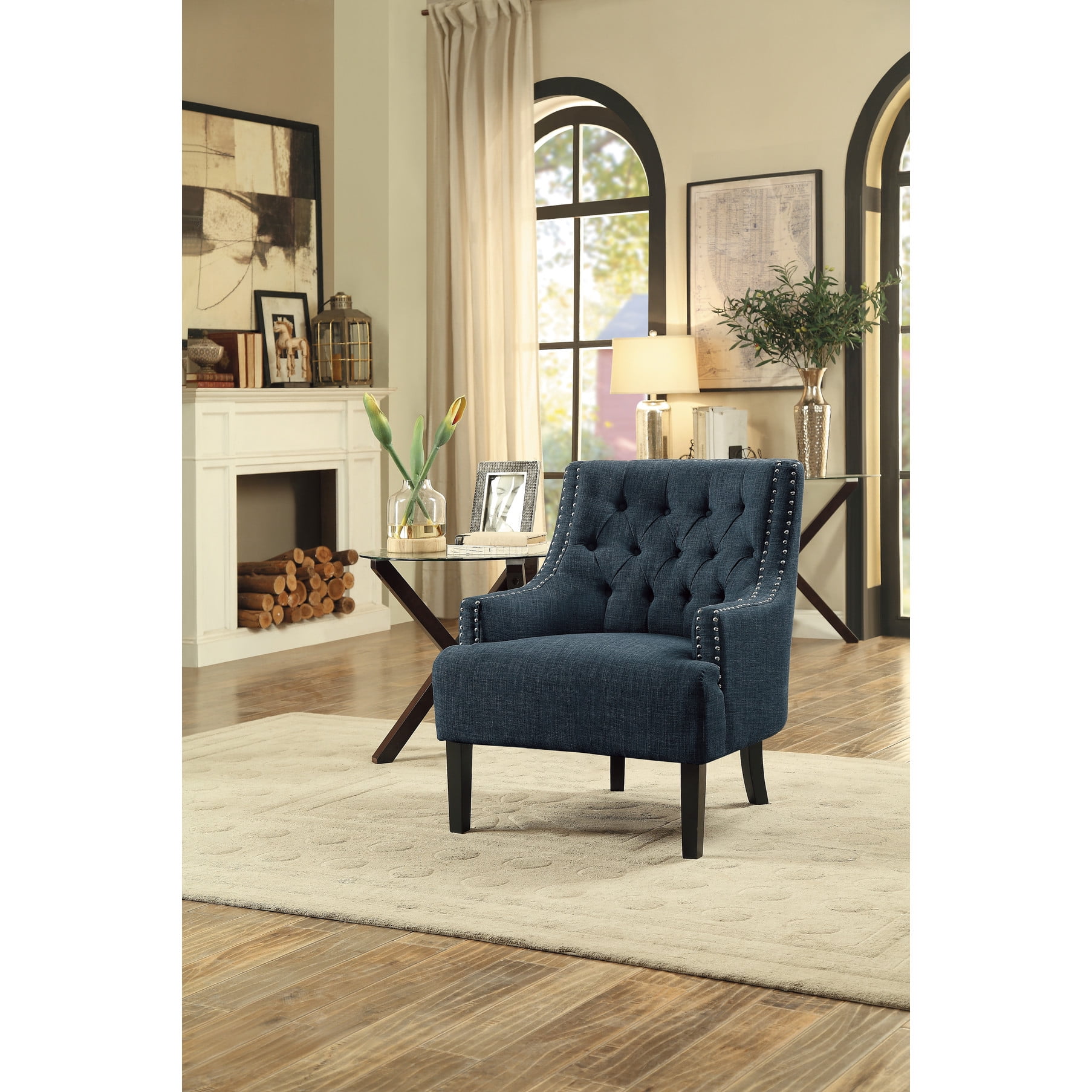 Textured Fabric Chair In Indigo, Solid Wood Base, Button For Relaxation ...