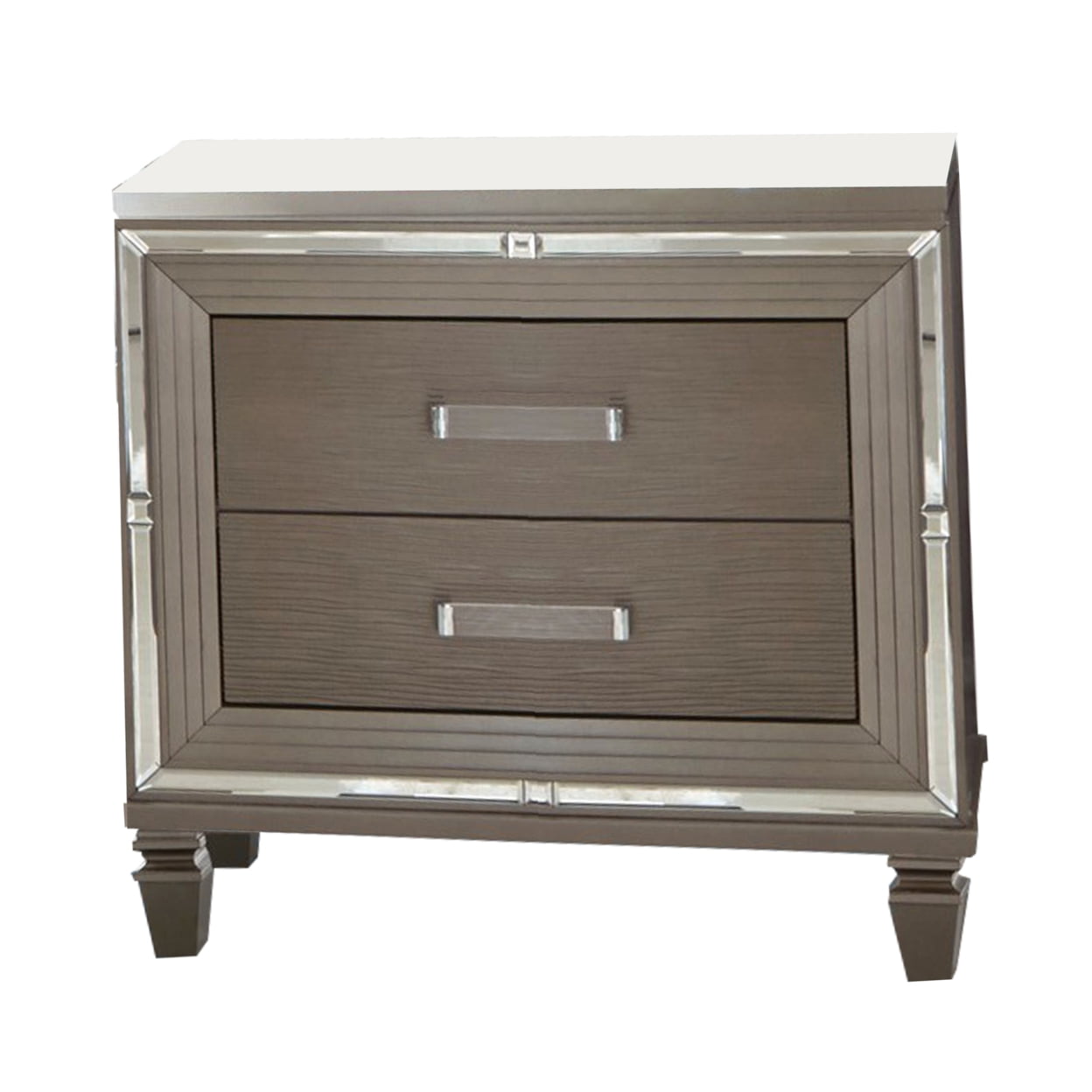 Textured Front 2 Drawer Nightstand with Beveled Mirror Trim, Silver ...