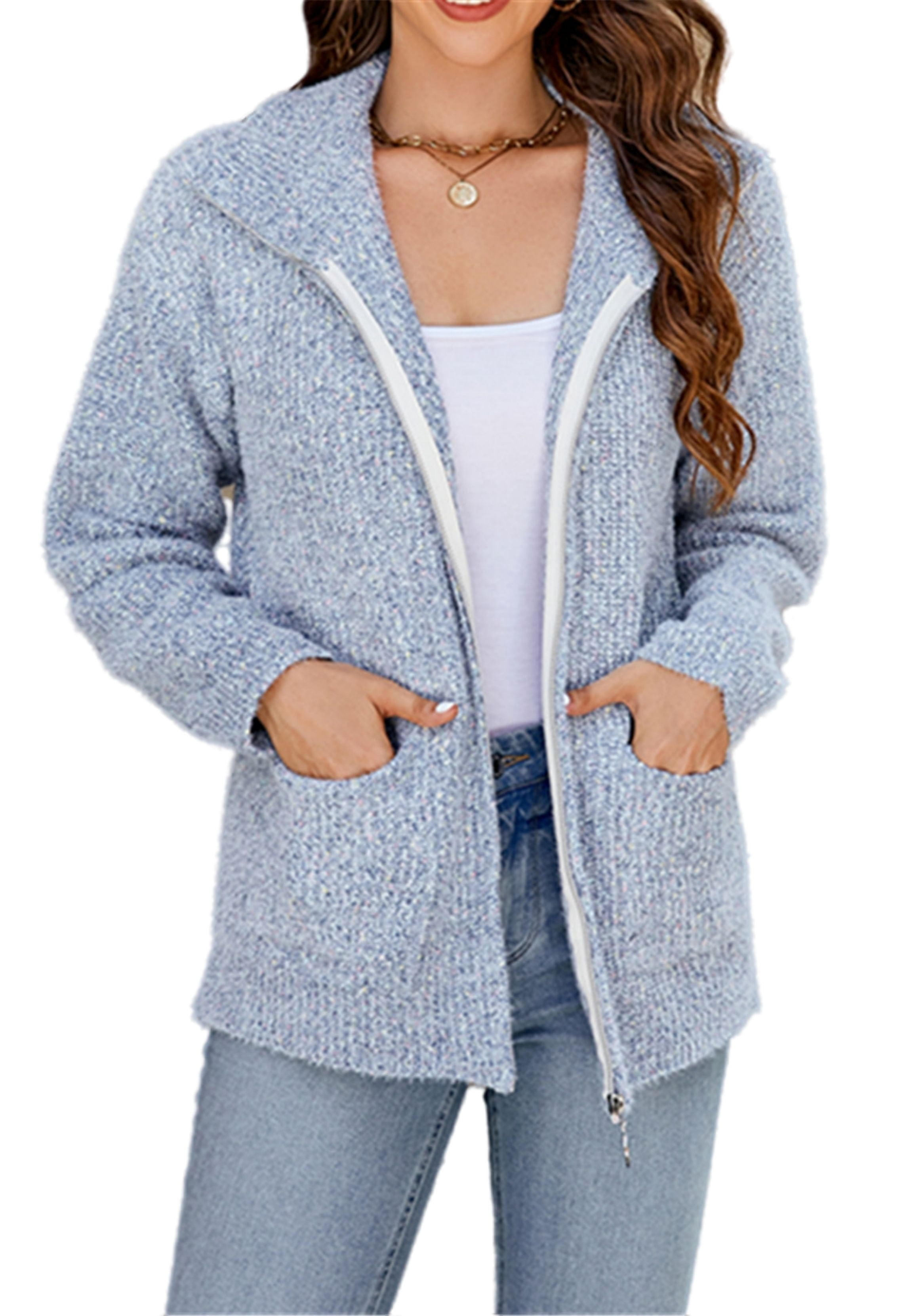 Textured Knit Collared Zip-Up Long Sleeve Classic Jacket for Women Dark ...