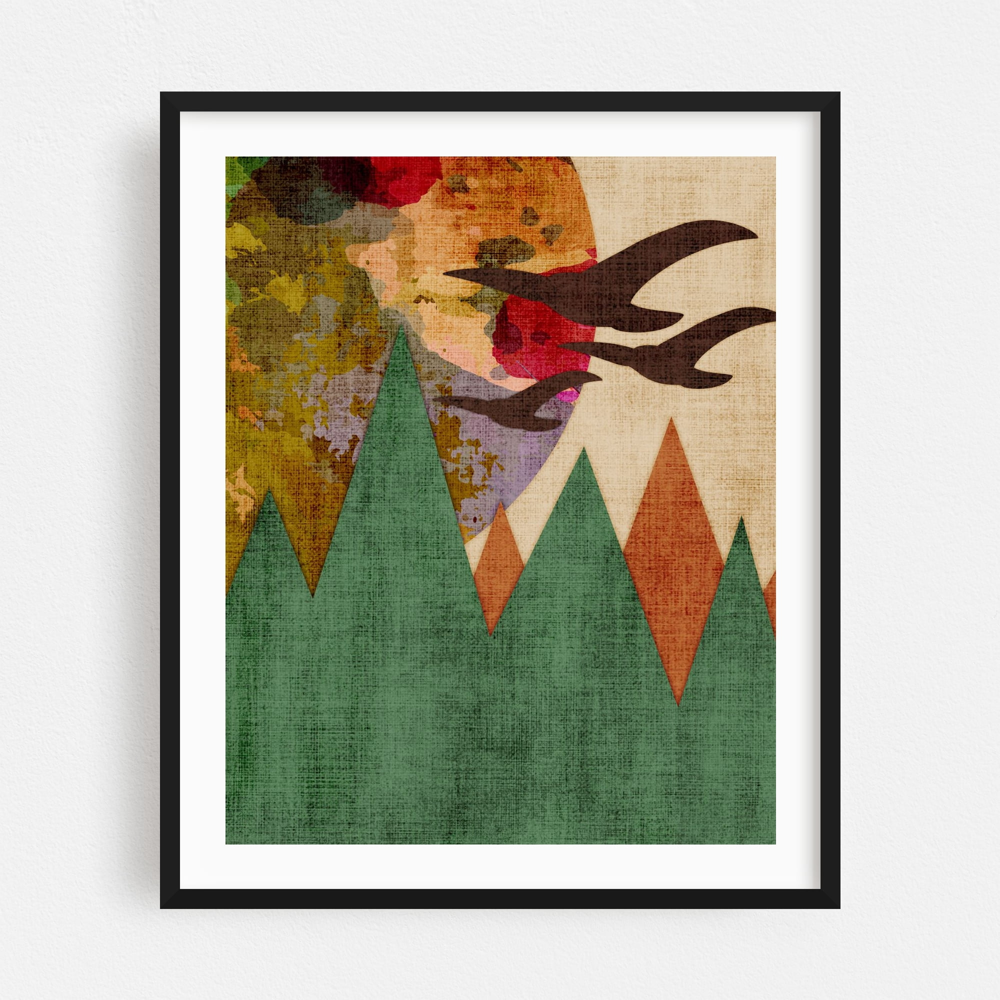 Textured Minimalist Mountain Landscape with Jupiter and Birds in ...