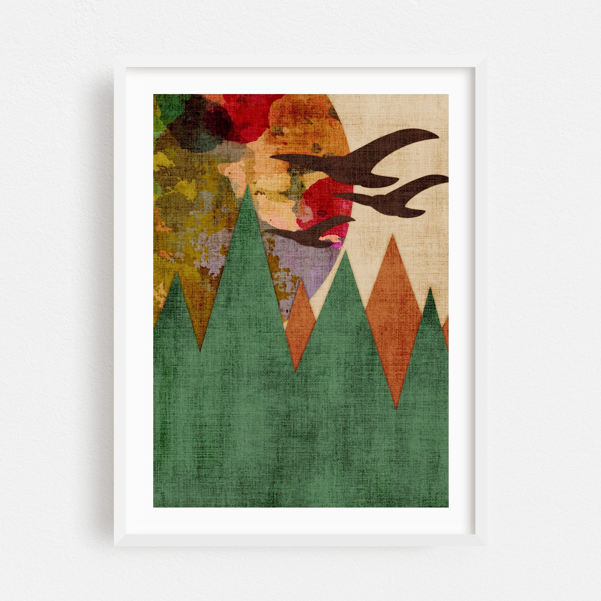 Textured Minimalist Mountain Landscape with Jupiter and Birds in ...