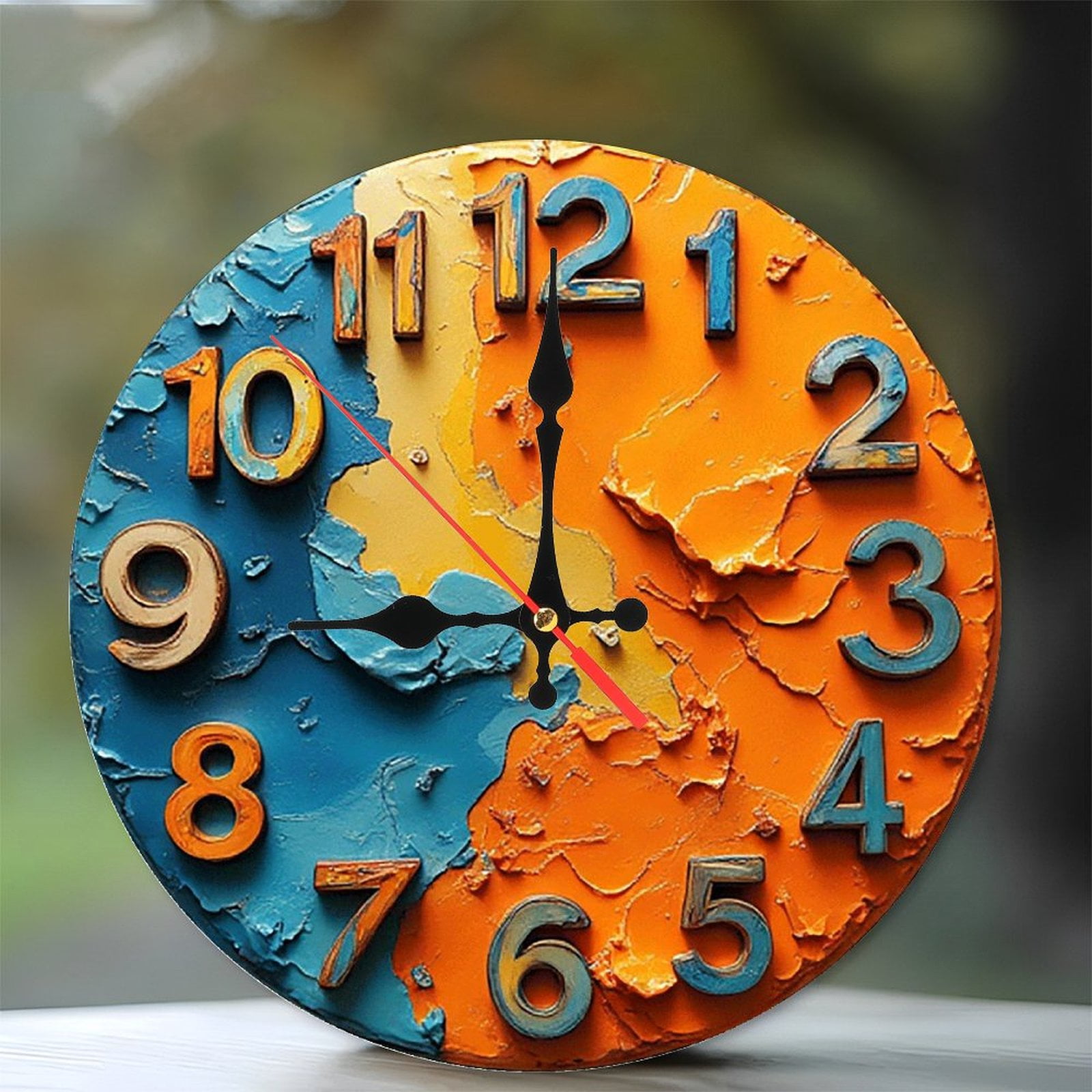Textured Orange Blue Clock Wall Decor 10-Inch Silent Wooden Wall Clock ...