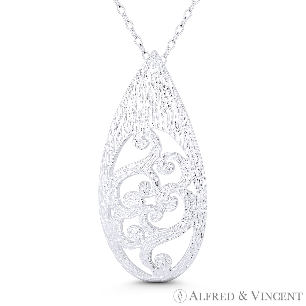 Textured Tear-Drop & Swirl Charm 37x18mm (1.5x0.7in) Pendant & Chain ...