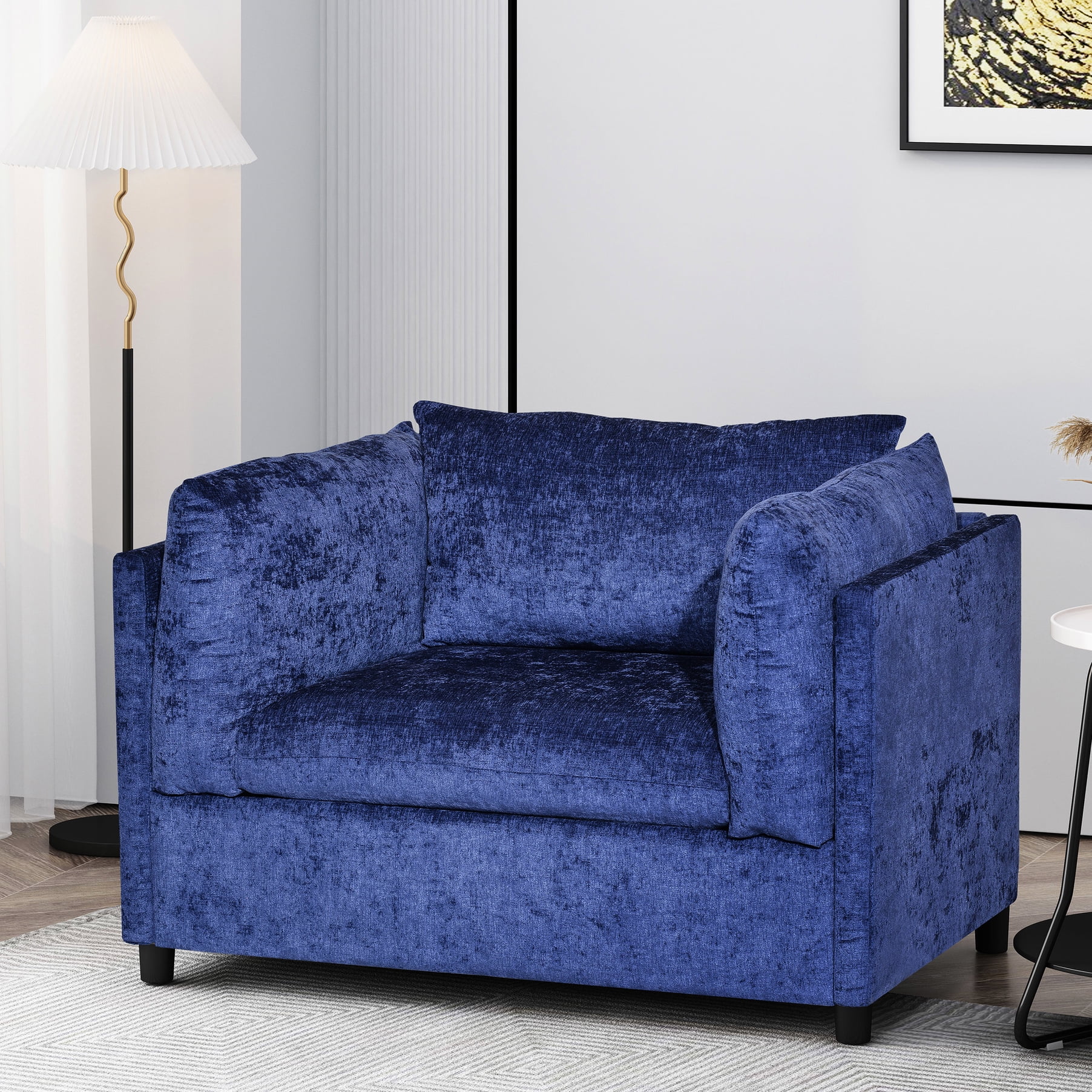 Textured Upholstery Navy Blue Club Chair With Modern Pillows - 34.36" W ...