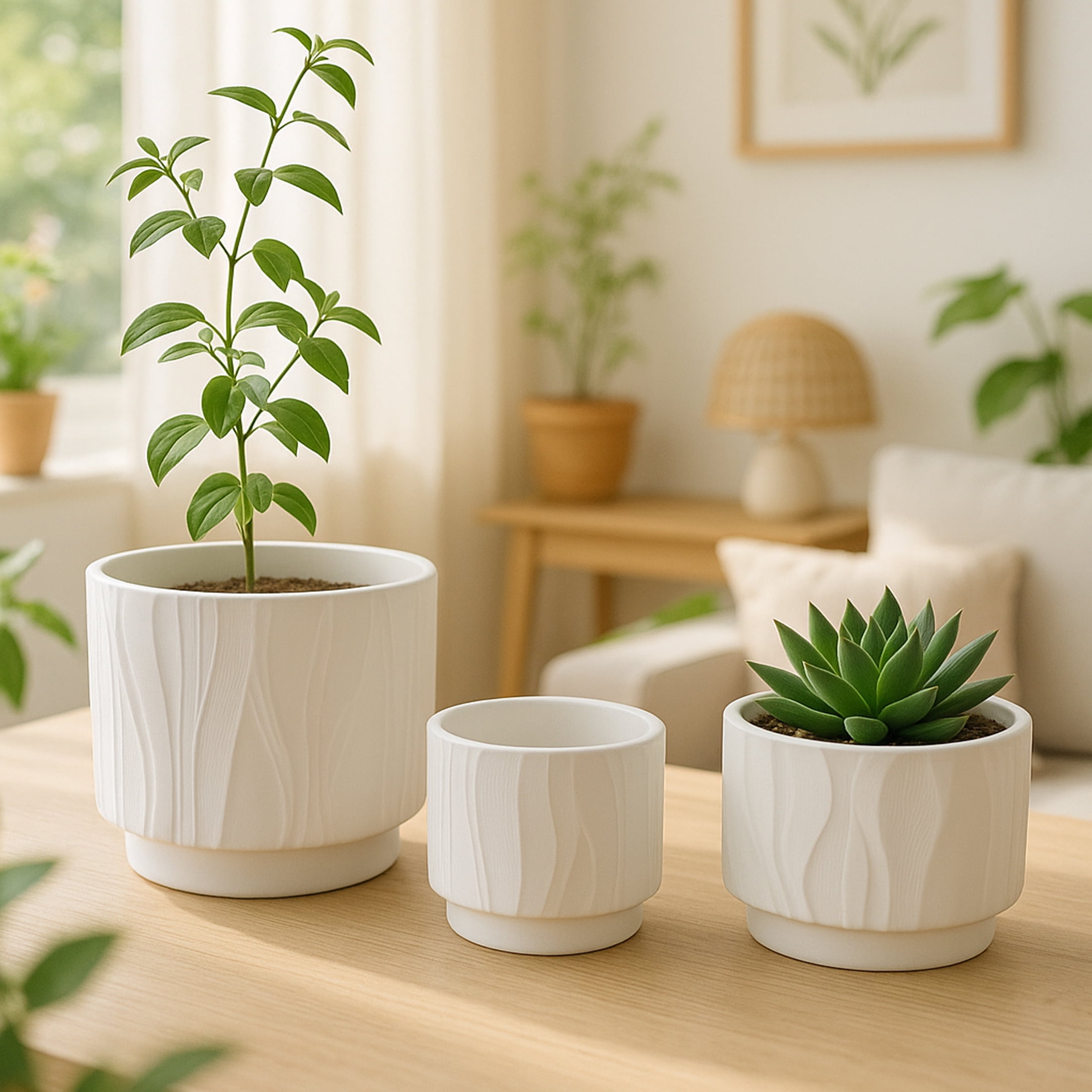 Stoneware Round Planter Set of 3 with Drainage Holes, White Textured ...
