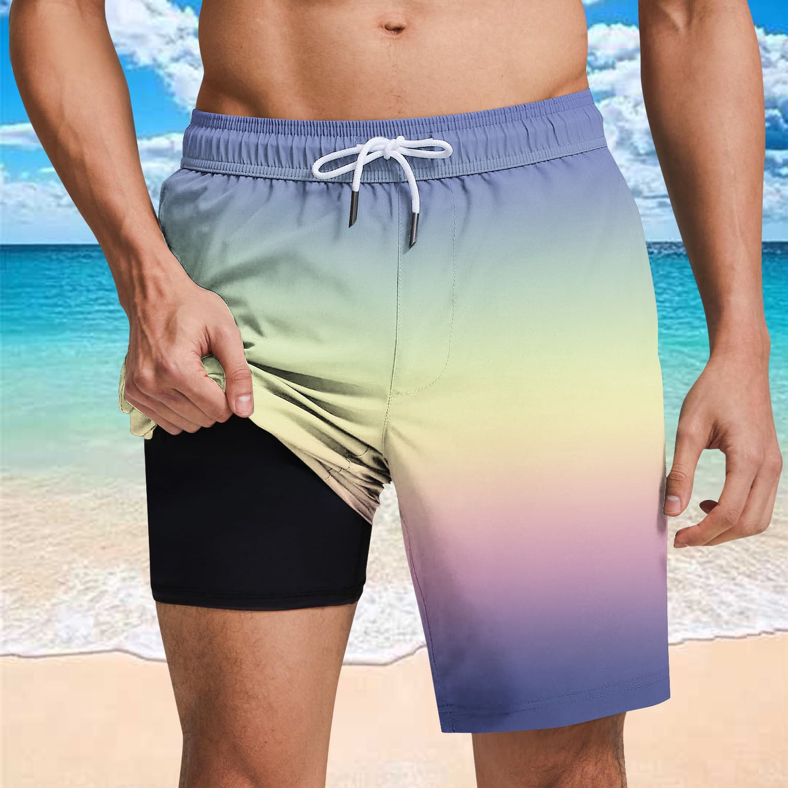 Teyfeniy 2 in 1 Mens Swim Trunks Swim Shorts Gradient Color Swim Suits ...