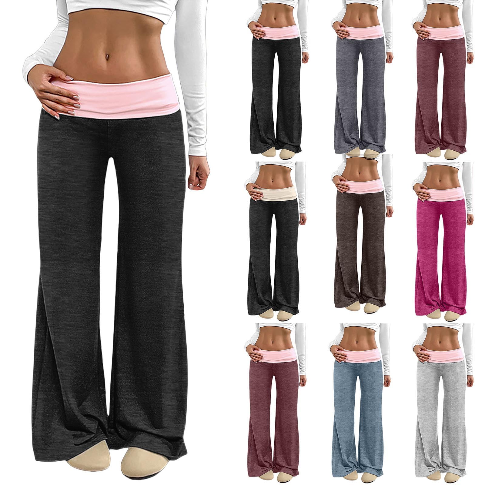 Teyfeniy Black Womens Flare Leggings Fold Over Yoga Pants Color Block ...