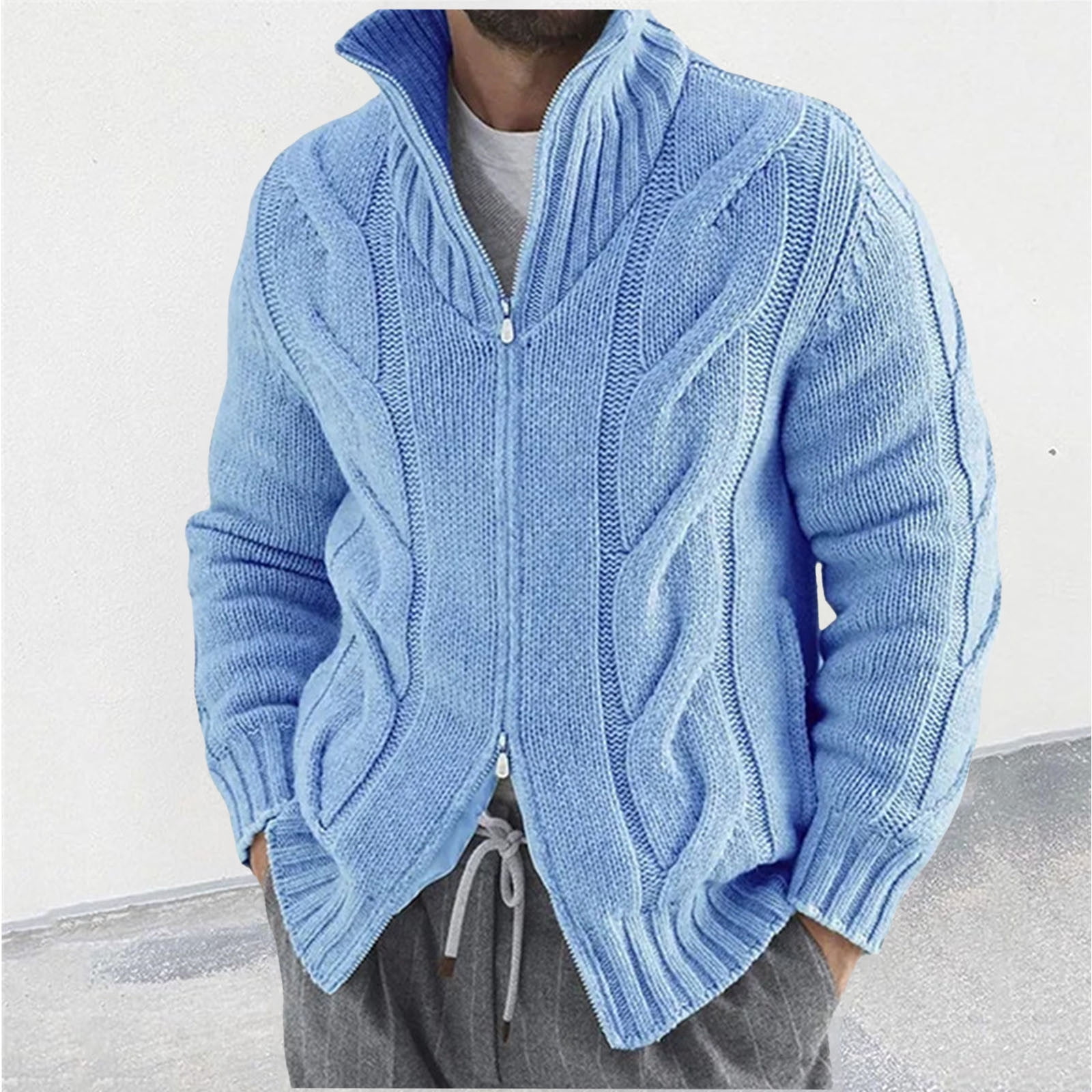 Teyfeniy Full Zipper Cardigan Sweater for Men Cable Knit Stand Collar ...