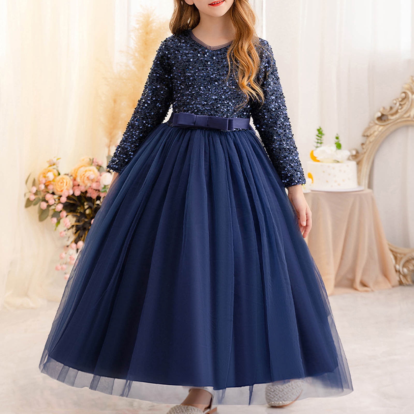 Teyfeniy Girls Long Princess Dress Long Sleeve Sequin V Neck Mesh Maxi ...