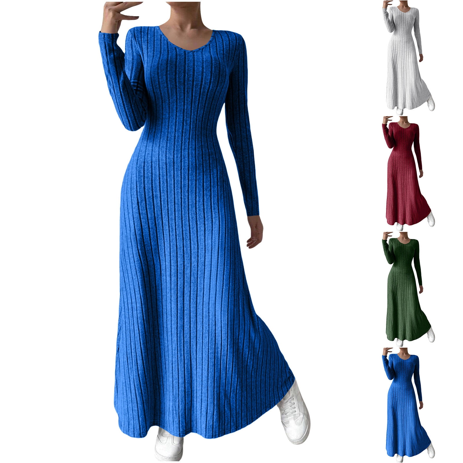 Teyfeniy Women's Sweater Maxi Dresses U Neck Cable Knitted Long Sleeve ...