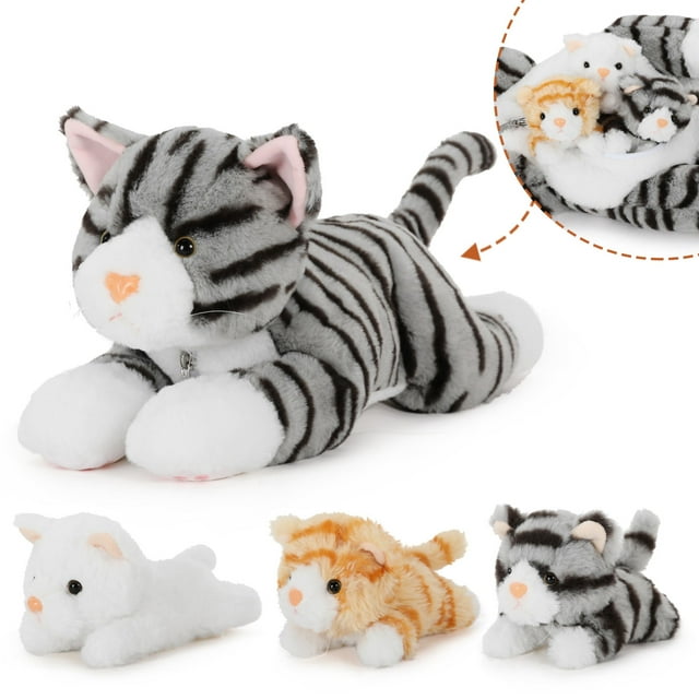 Tezituor 4Pcs Cat Stuffed Animal 16.5" Giant Cat Plush with 3 Babies ...