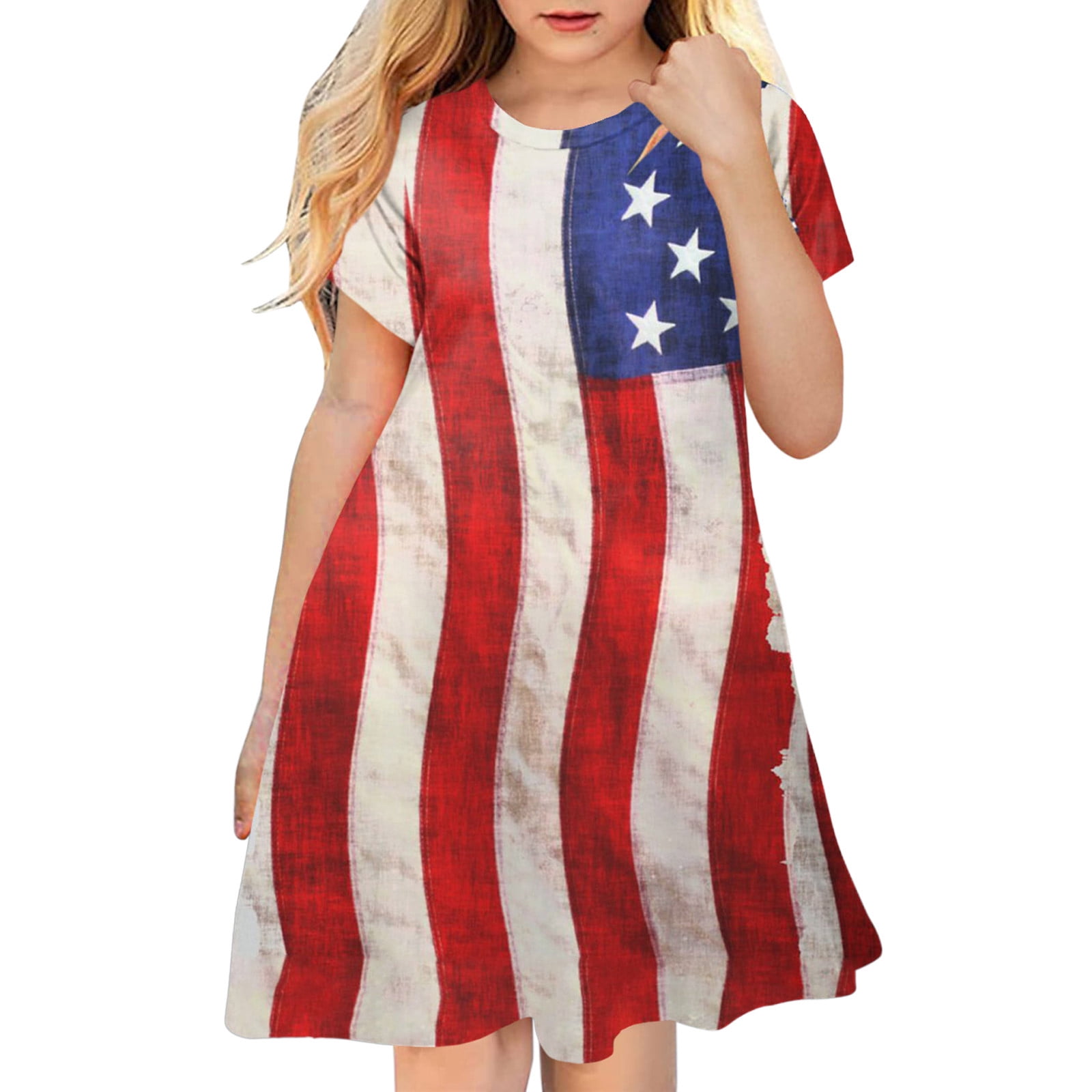 Tfken American Flag Dress For Girls 4Th Of July Crew Neck Short Sleeve ...
