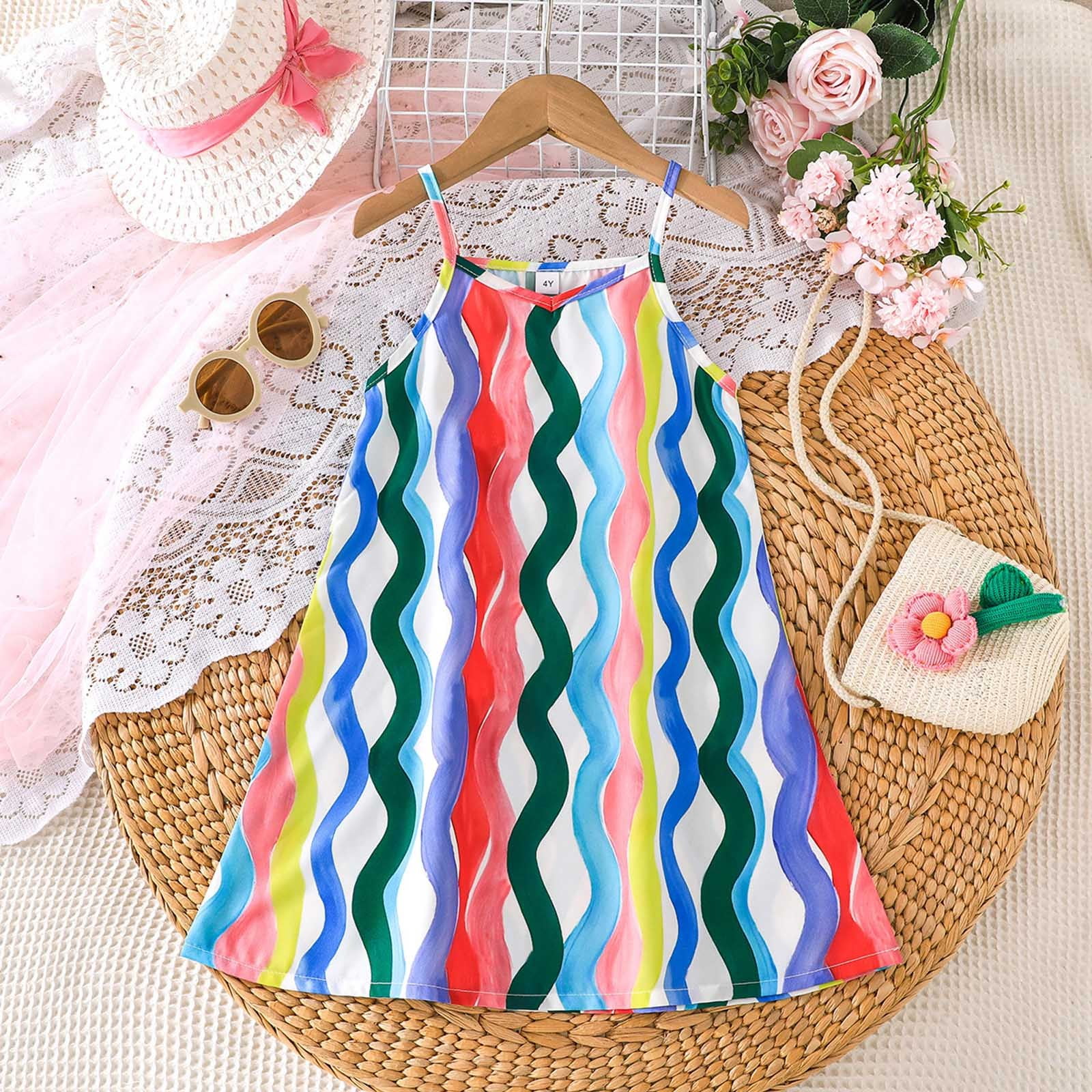 Tfken Dress For Girls 2025 Straight Rainbow Color Striped Print Summer ...