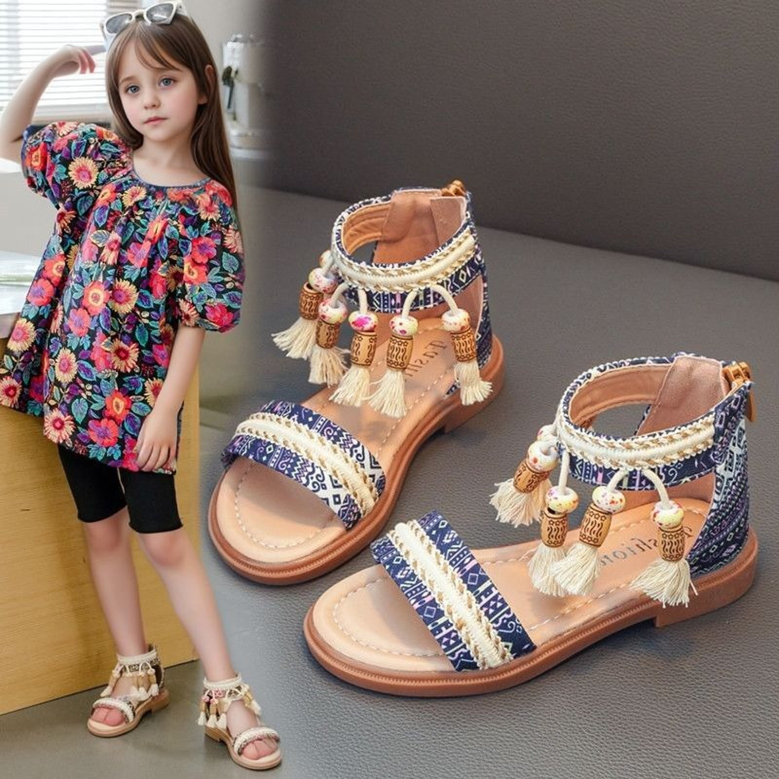 Tfken Sandals For Girls Kids Size 15 Adjustable Ankle Strap Print Cute ...