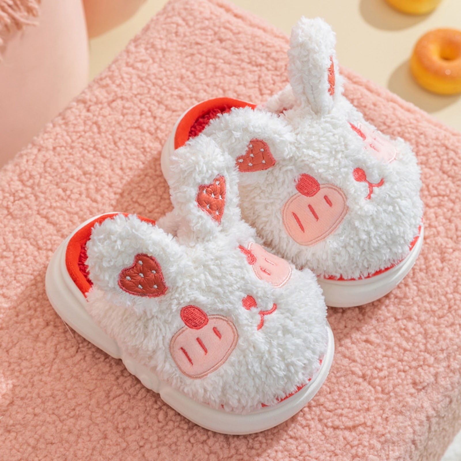 Tfken Slippers For Girls Teen Rabbit Print Open Heel Fuzzy Plush Fleece Size 7-8 Years White ...