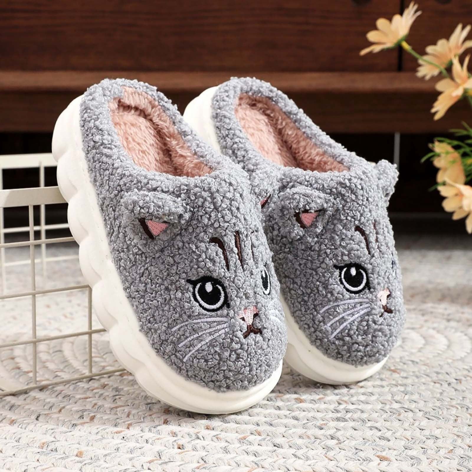 Tfken Toddler Kids Girls Slippers Cat Print Open Heel Fuzzy Plush ...