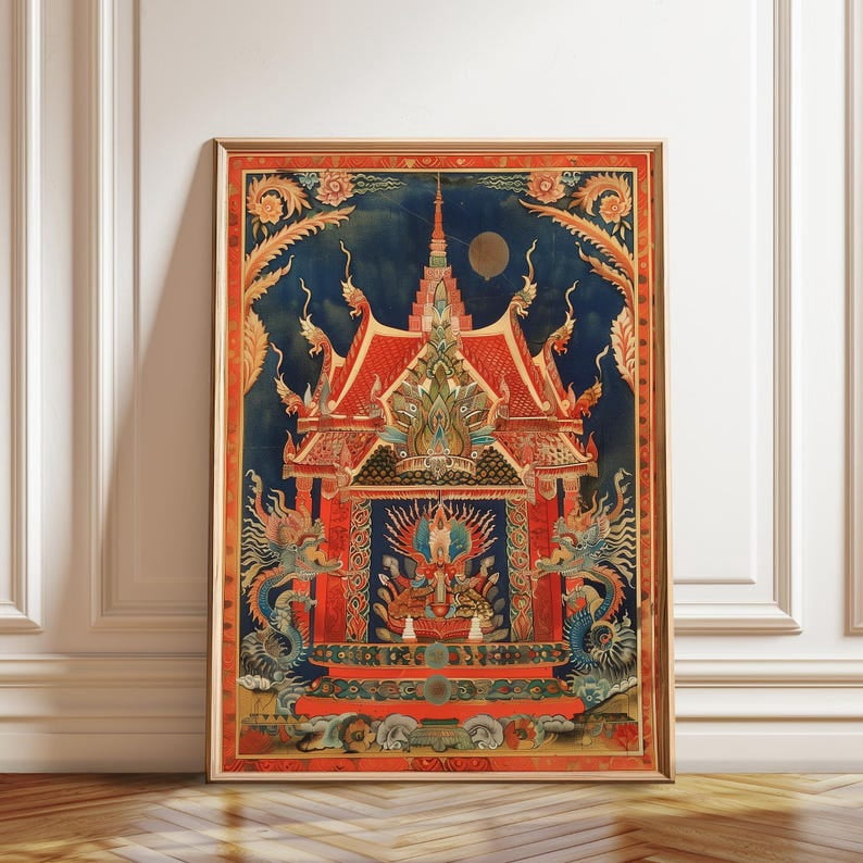 Thai Traditional Temple Art Poster - Ornate Pagoda And Mythical ...