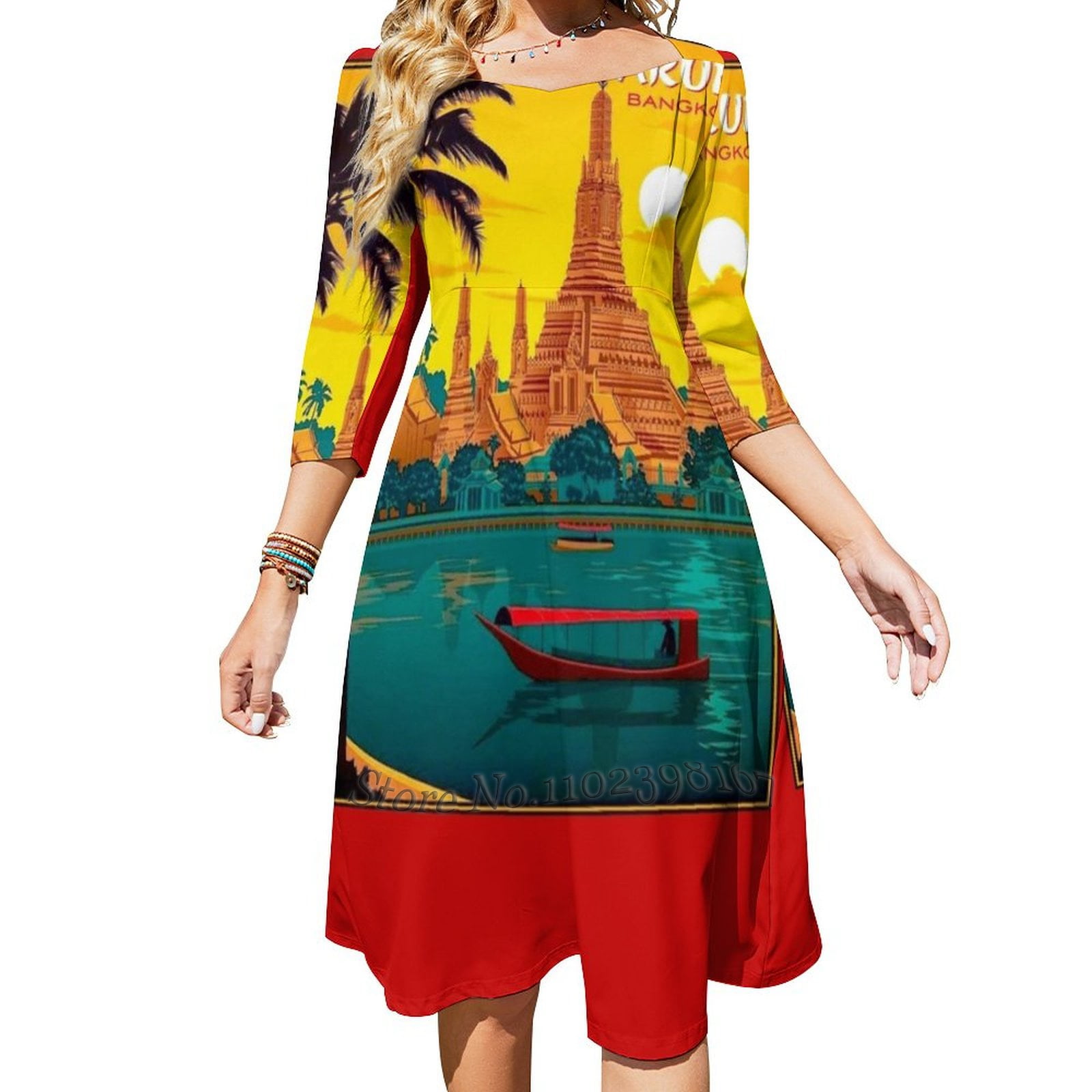 Thailand : Vintage Wat Arun Temple Of Dawn Print Flare Dress Square ...