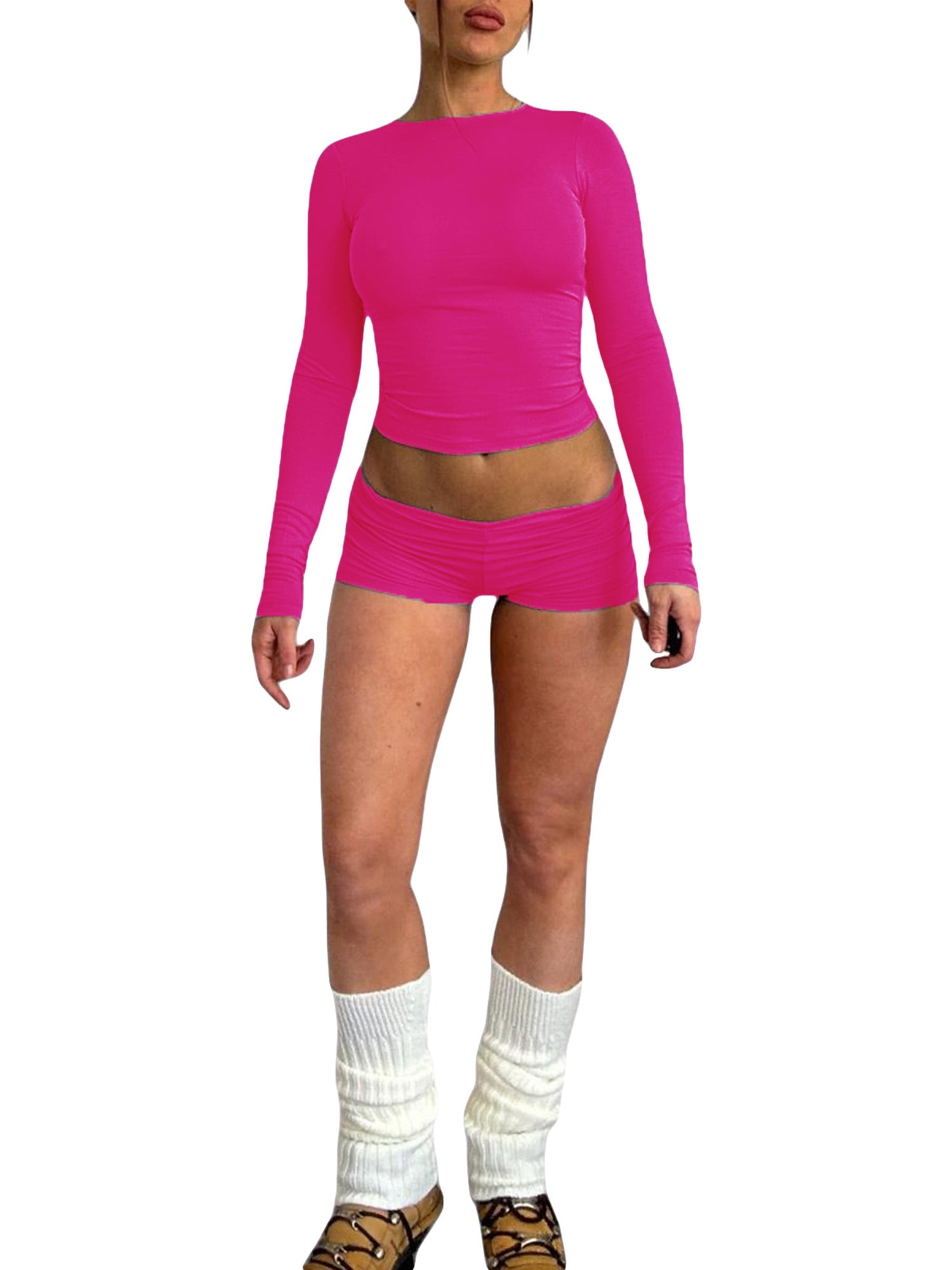 Thaisu Women Shorts Slim Fit Crew Neck Long Sleeve Crop Tops Shorts 2