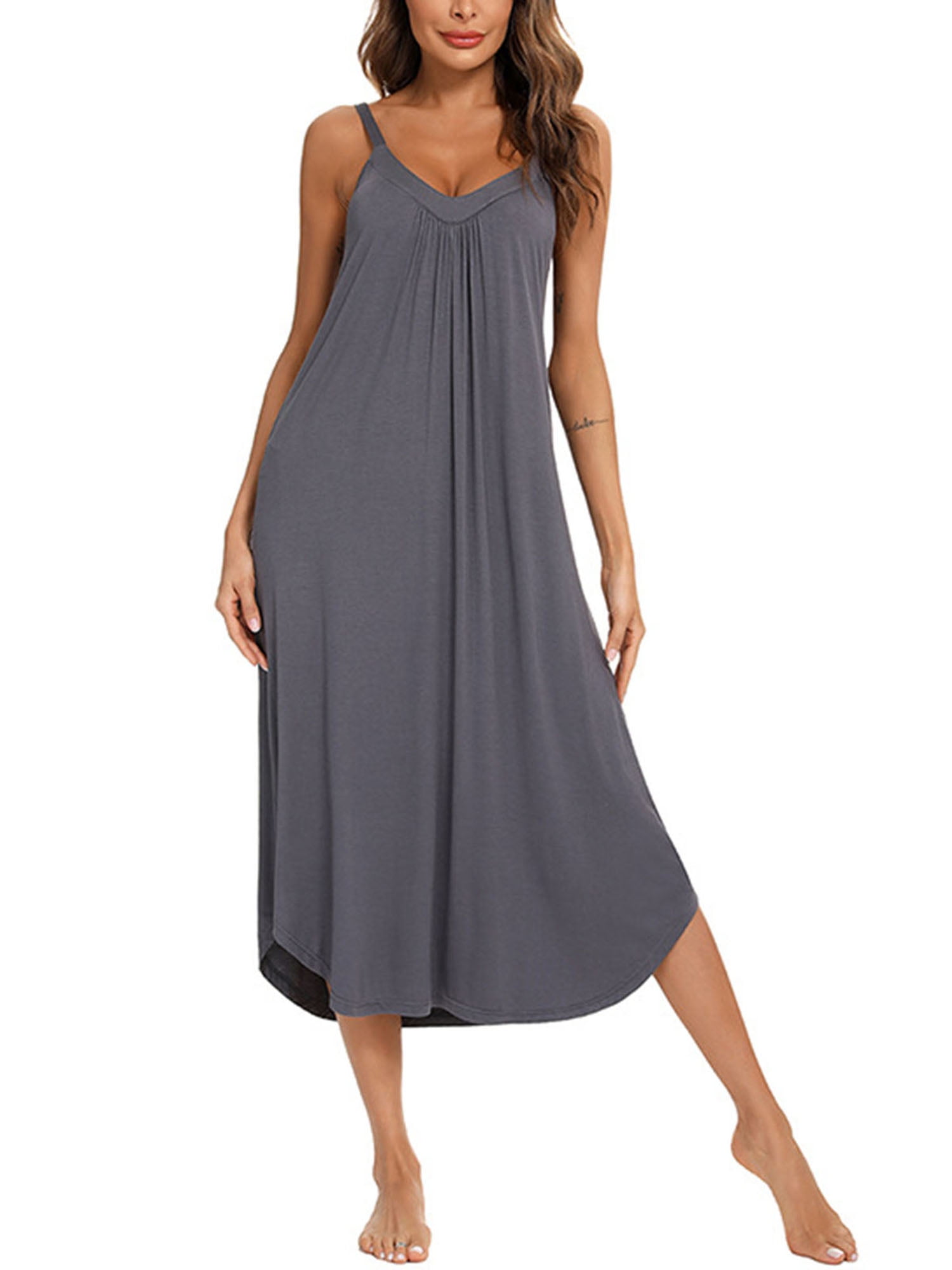 Thaisu Women Summer Nightgowns,Solid Color V Neck Ruched Sleeveless ...
