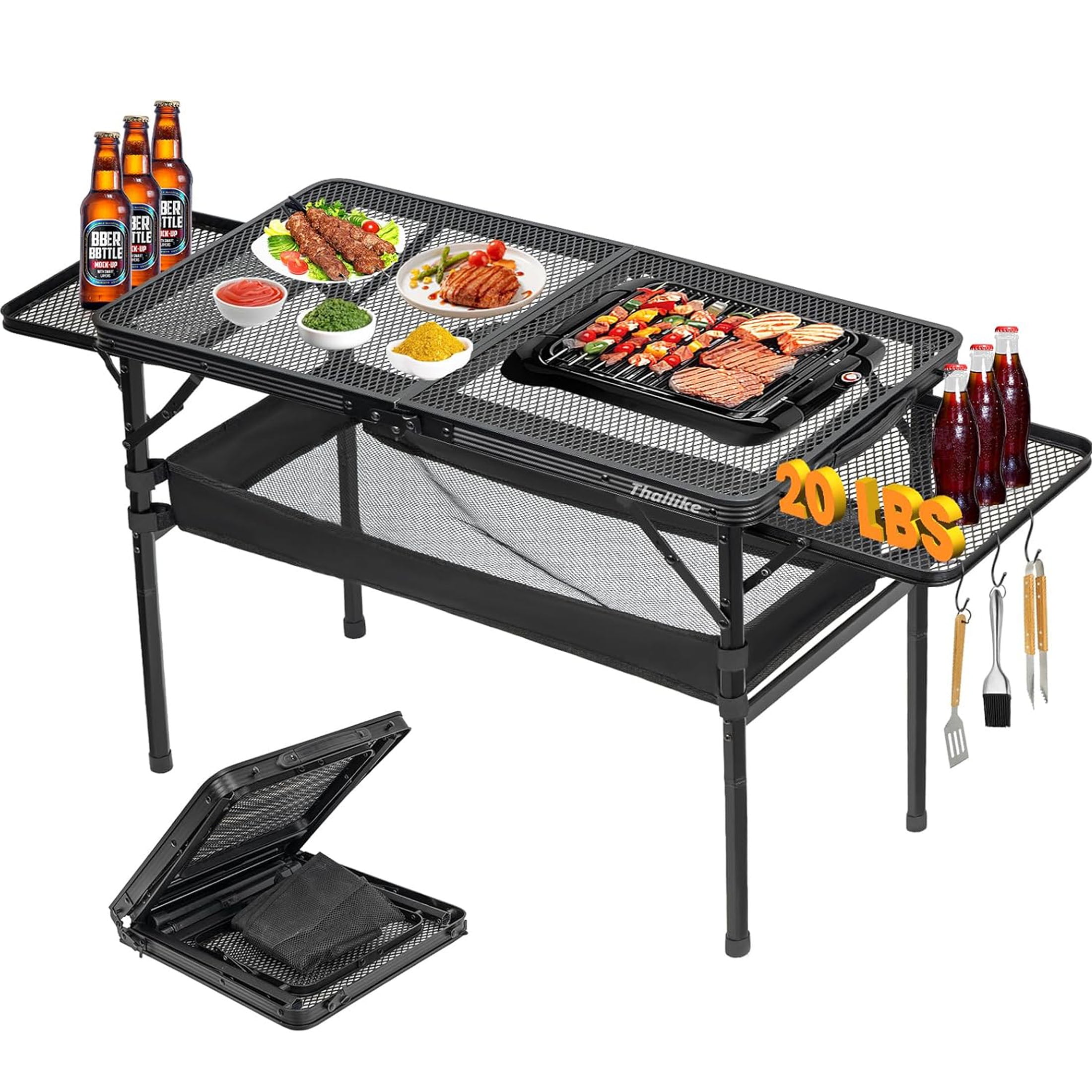Thallike Portable Folding Grill Table with 2 Wing Panels - Camping ...