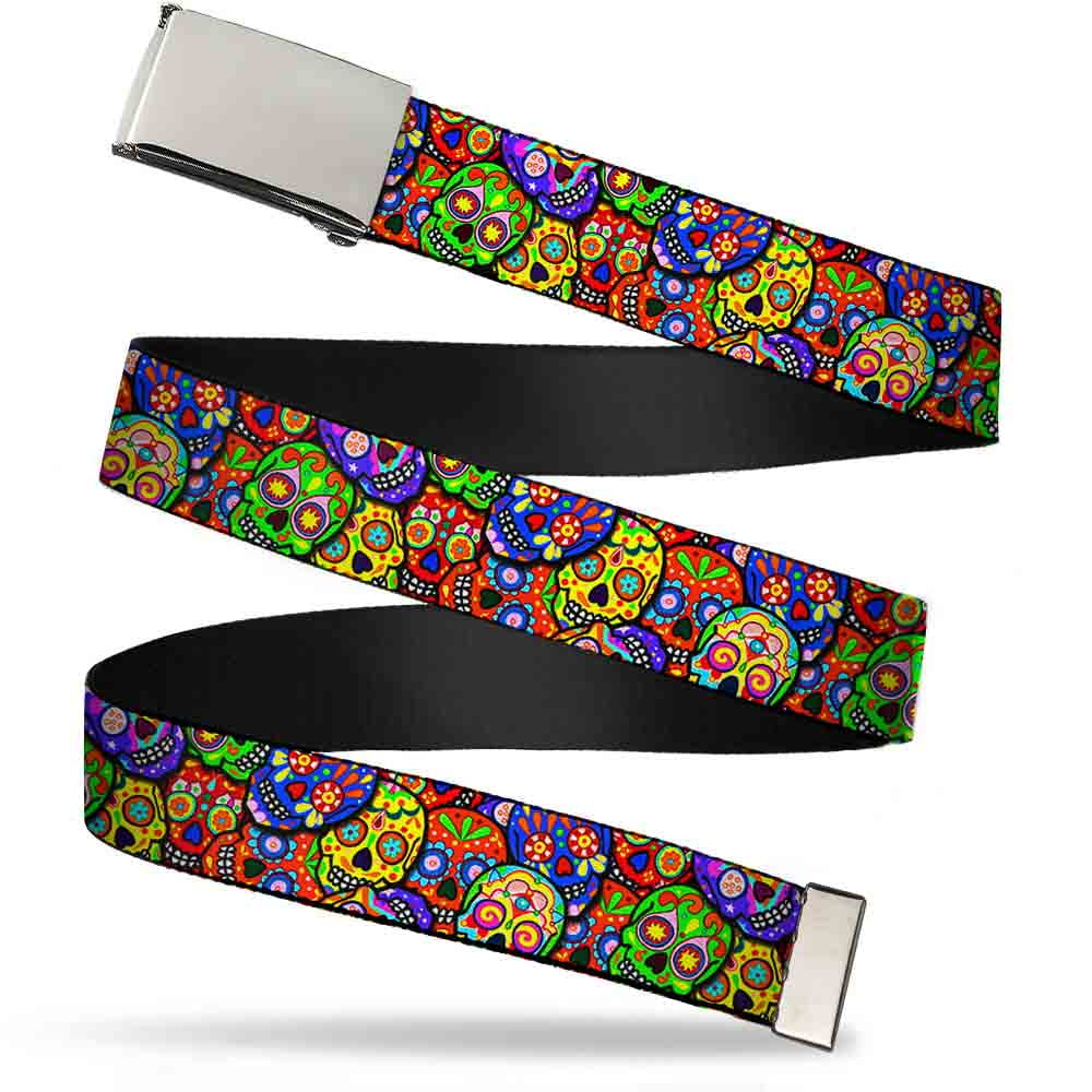 Adjustable Belt, Clamp Buckle, Cut-to-Fit, Colorful Calaveras Stacked ...