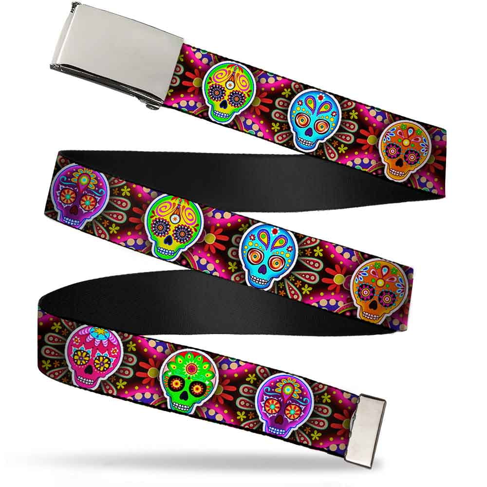Adjustable Belt, Clamp Buckle, Cut-to-Fit, Six Sugar Skulls Multi Color ...