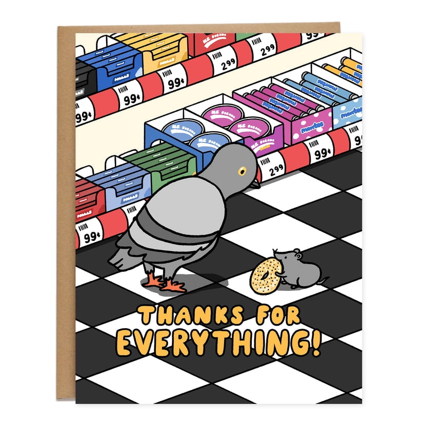 Thank You Card with Pigeon and Mouse Design – "Thanks for Everything ...