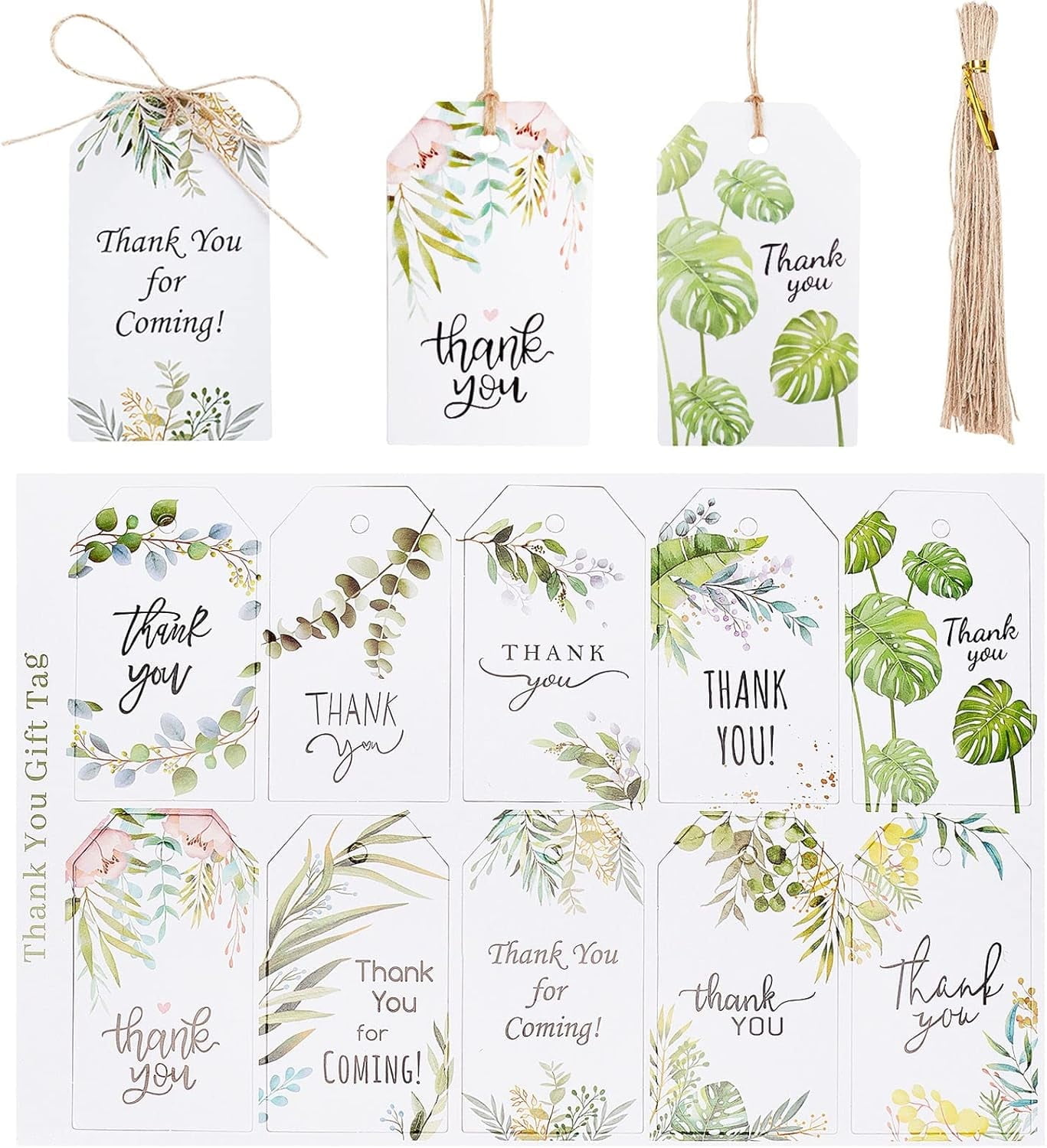 Thank You for Coming Tags 50pcs Palm Leaf Thank You Tags White Plant Cardstock Tags with String ...