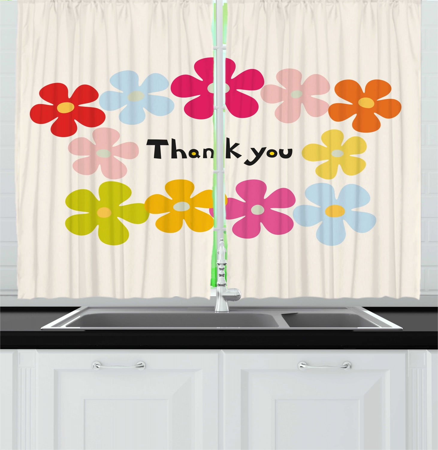 Thank You Curtains 2 Panels Set, Colorful Flowers Simplicity Doodle ...