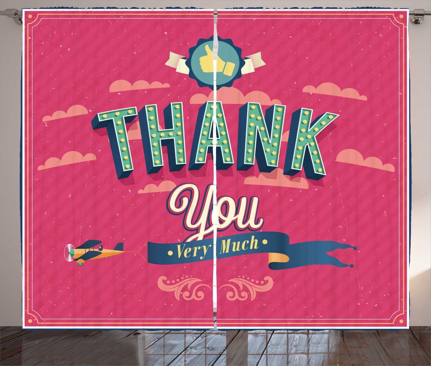 Thank You Curtains 2 Panels Set, Thumbs Up Calligraphy Headline Style ...