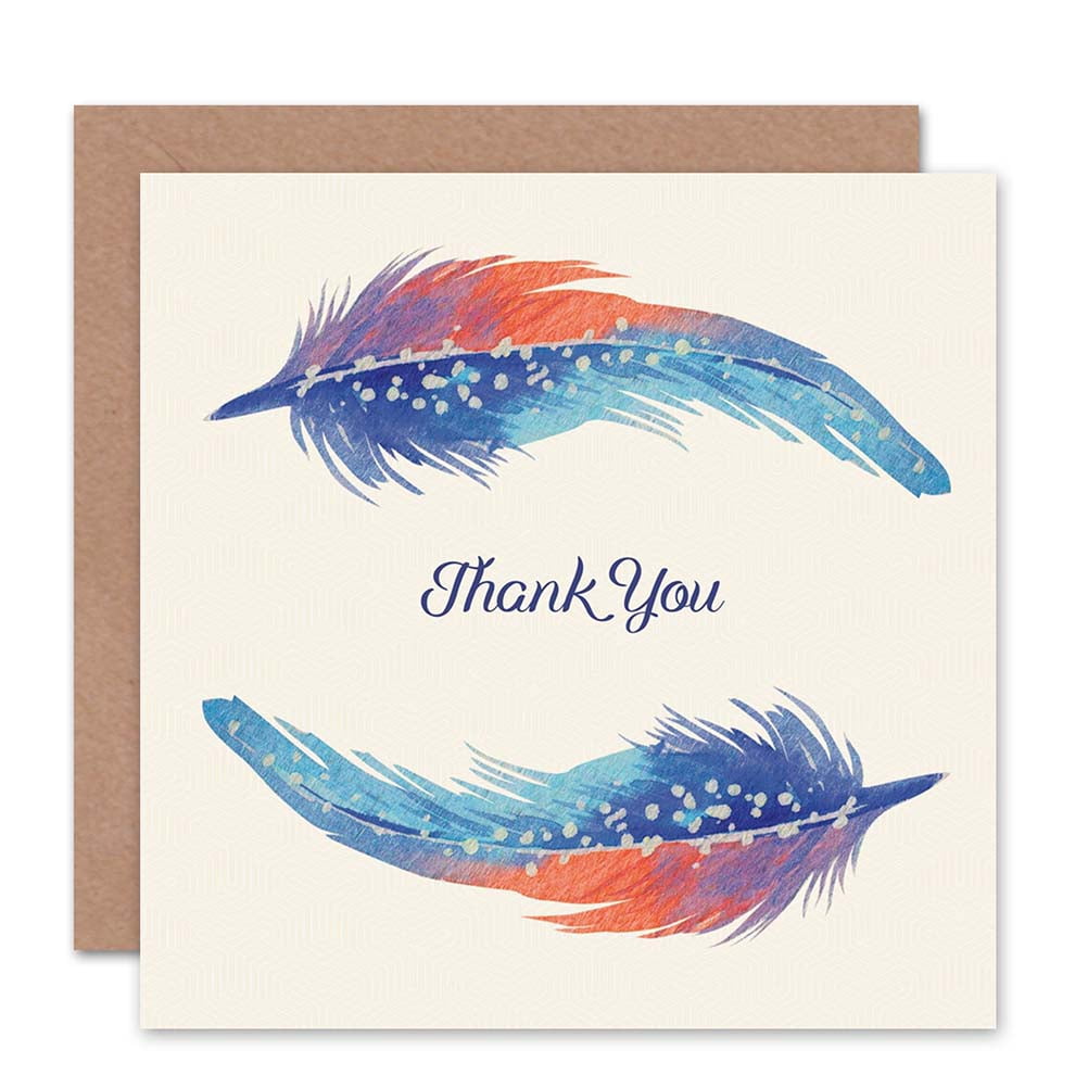 Thank You Feather Set Watercolour Paint Blue Orange Greetings Card Plus ...